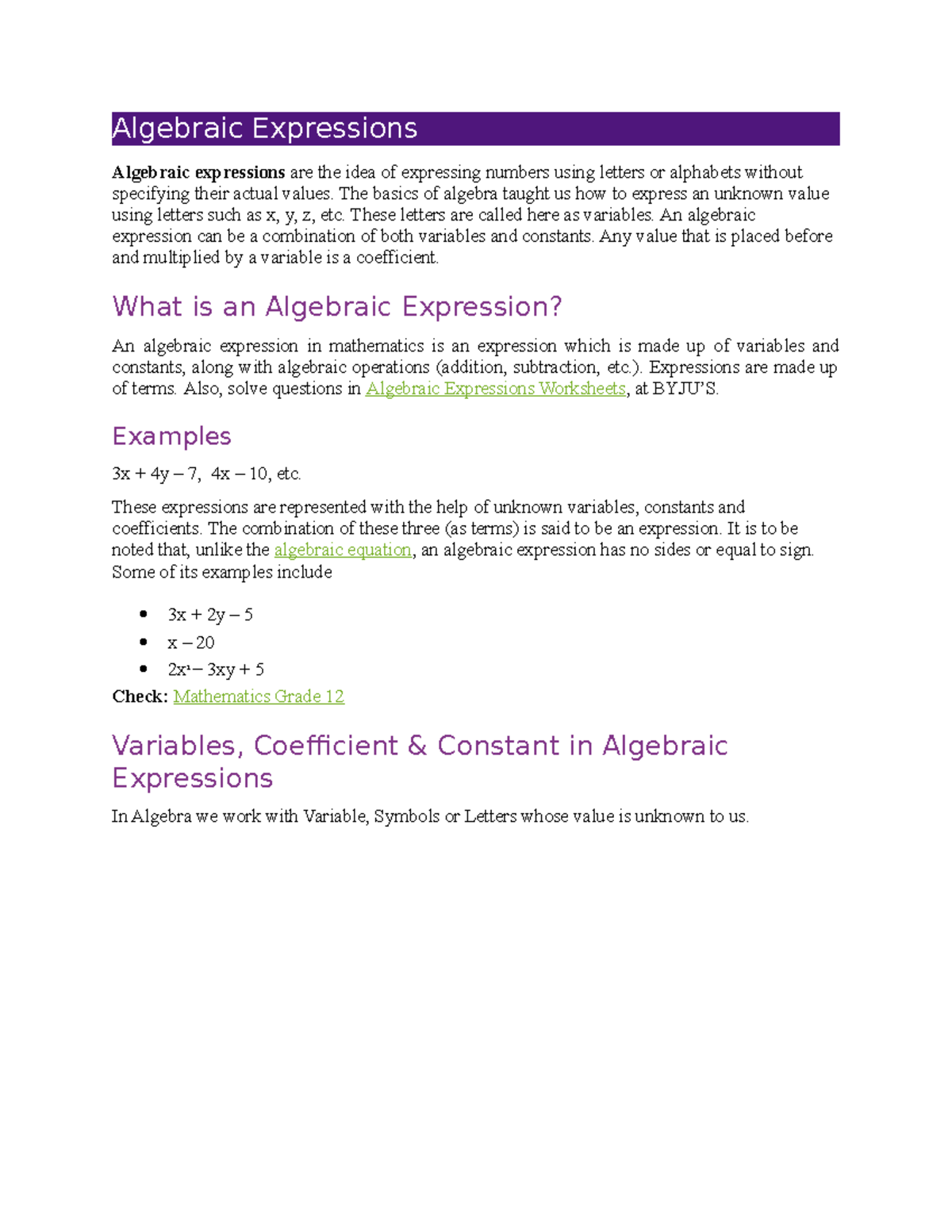 Algebraic Expression Just Math Algebraic Expressions Algebraic Expressions Are The Idea Of