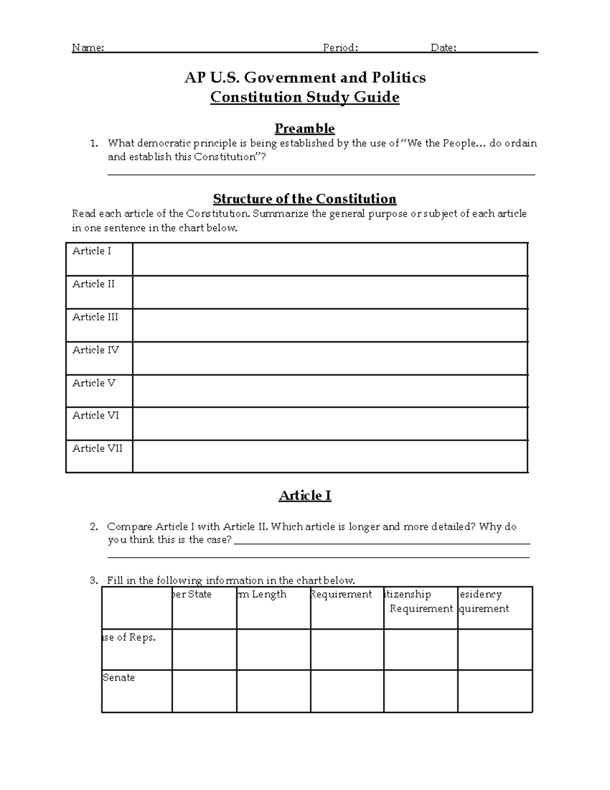 Constitution Study Guide - Name: Period: Date: AP U. Government and ...