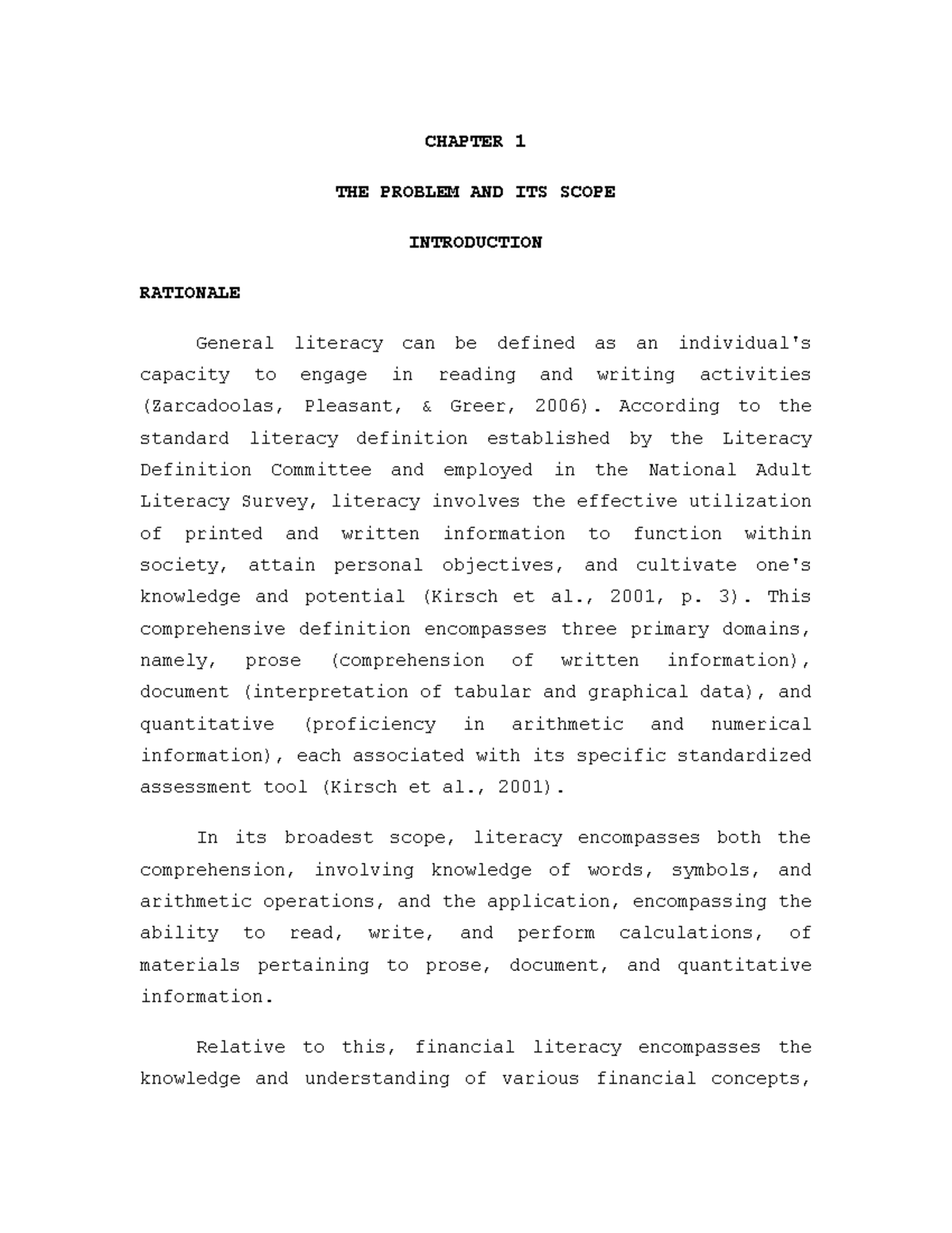 Rationale - dwdawd - CHAPTER 1 THE PROBLEM AND ITS SCOPE INTRODUCTION RATIONALE General literacy ...