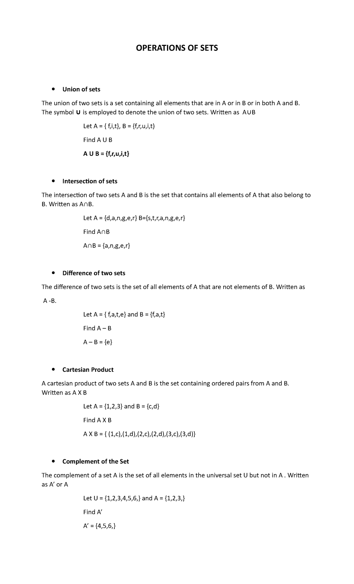 MATH ASS - OPERATIONS OF SETS Union of sets The union of two sets is a ...