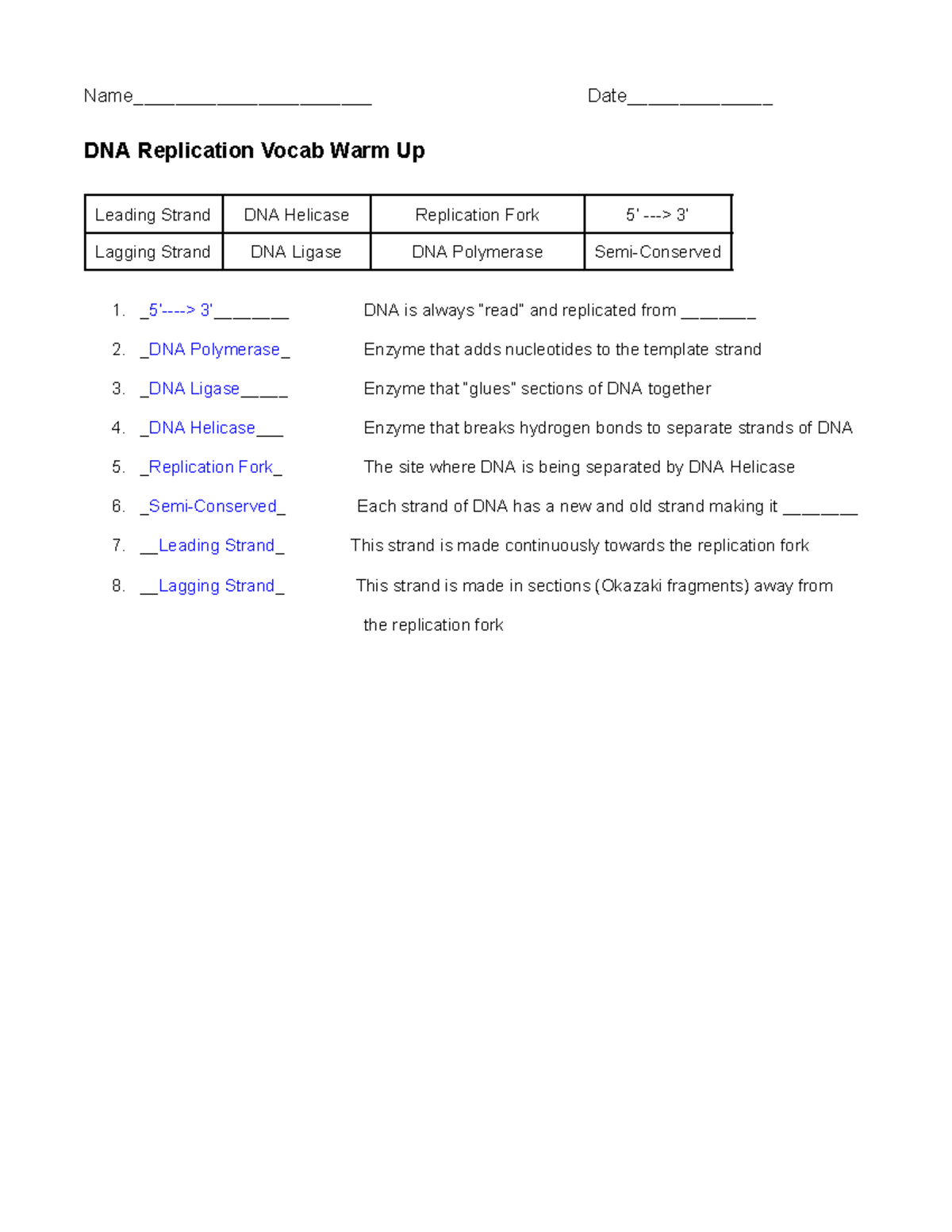 DNA Replication Warm Up Answers - Name_______________________ Date ...