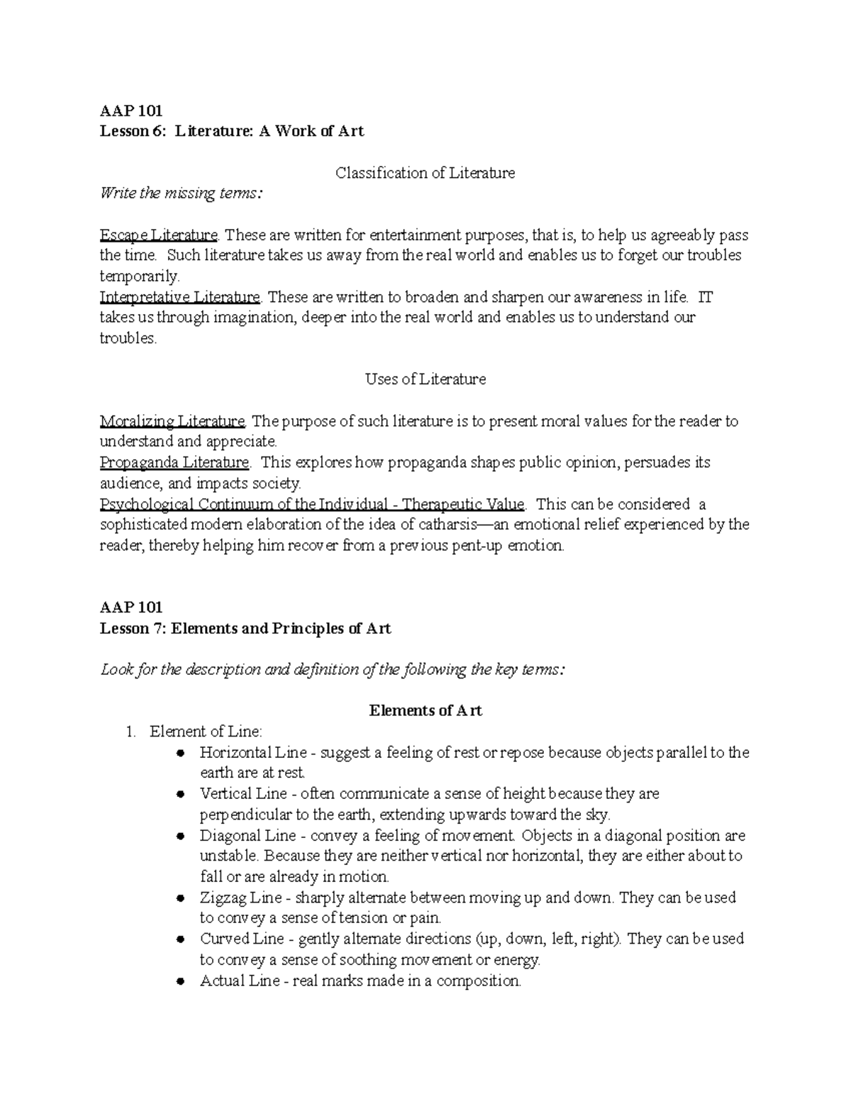 Assignment Topic Outline Lesson 6 and 7 - AAP 101 Lesson 6: Literature: A Work of Art ...
