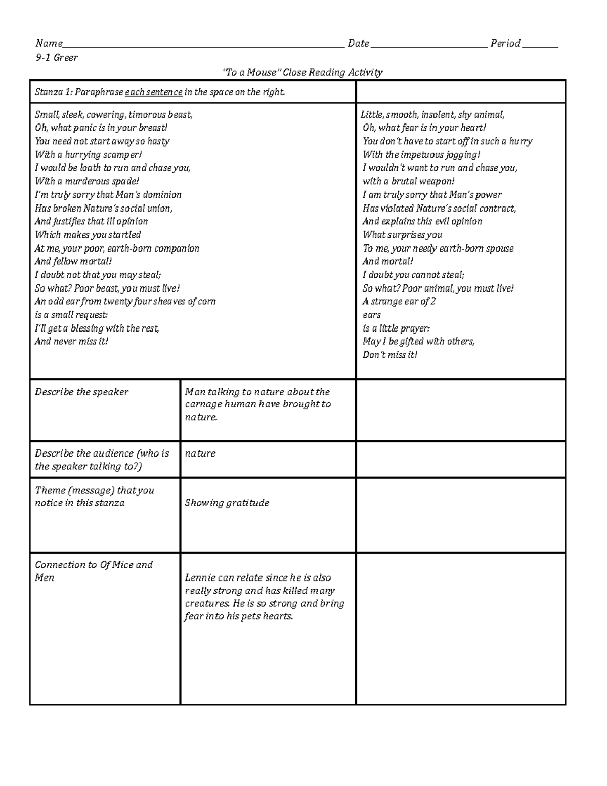 To a Mouse Close Reading Graphic Organizer - - Studocu