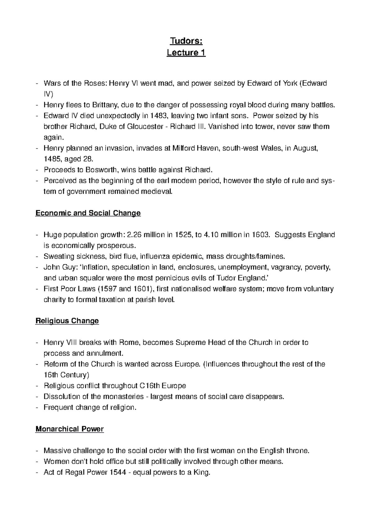 T1 - Lecture 1 - Tudors: Lecture 1 Wars of the Roses: Henry VI went mad ...