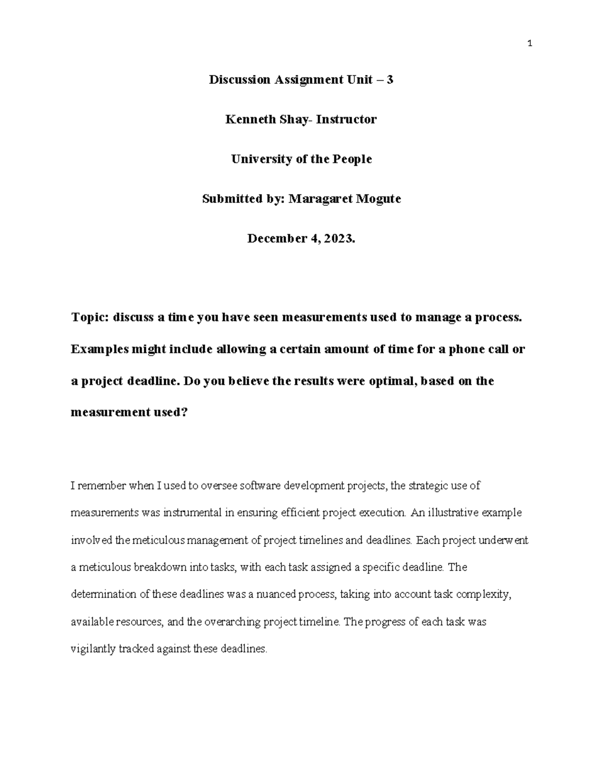 Discussion Assignment Unit Measurement (1) - 1 Discussion Assignment ...