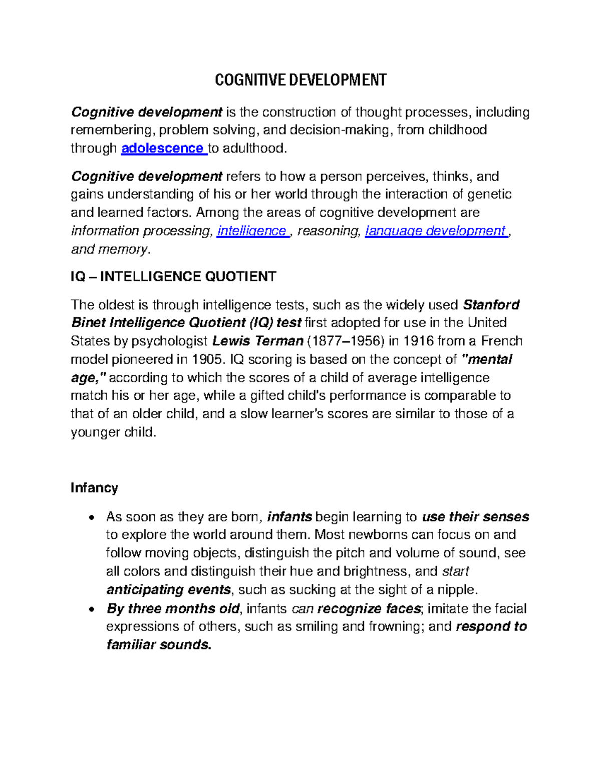 Cognitive Development - BS Psychology - PUP - Studocu