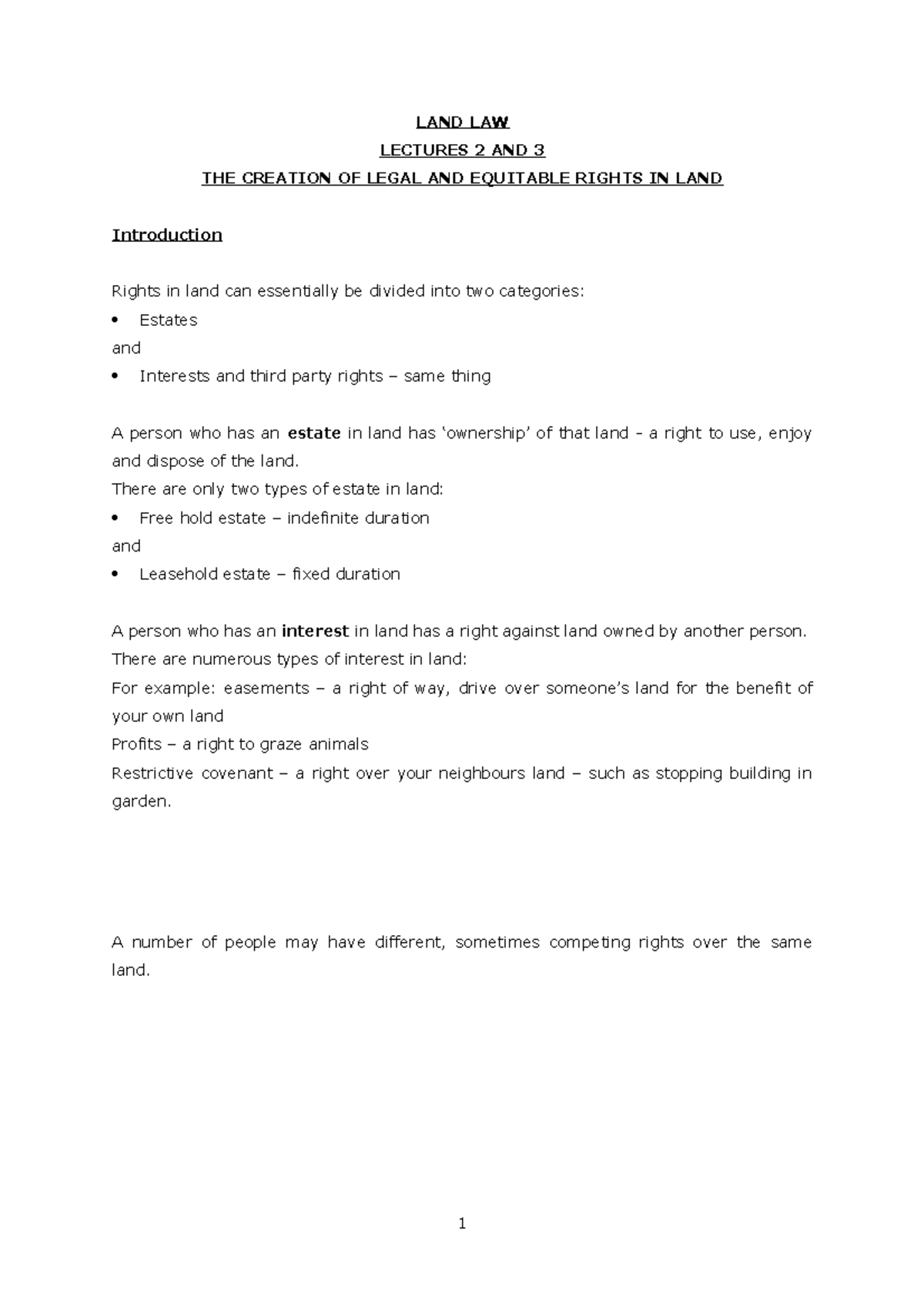 Land Law lectures 2&3 - LAND LAW LECTURES 2 AND 3 THE CREATION OF LEGAL ...