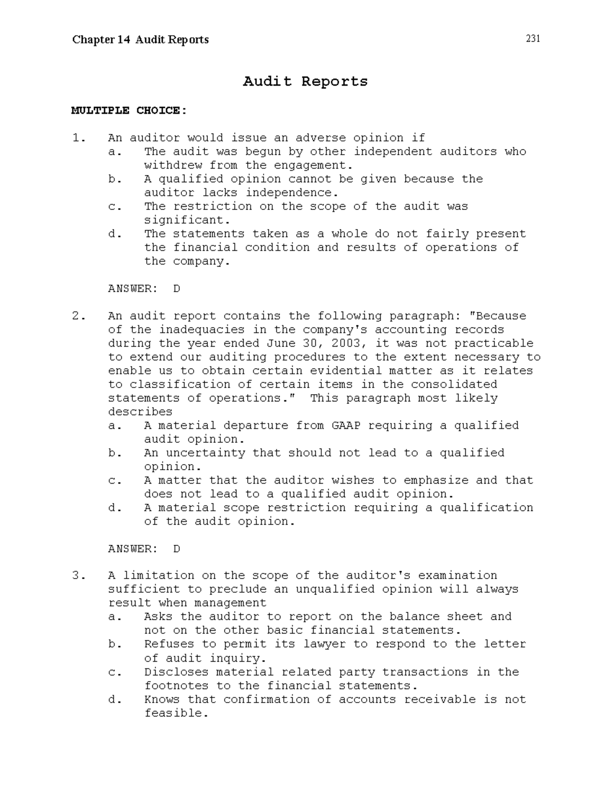 Ch14-audit-reports - Audit - Audit Reports MULTIPLE CHOICE: An auditor ...