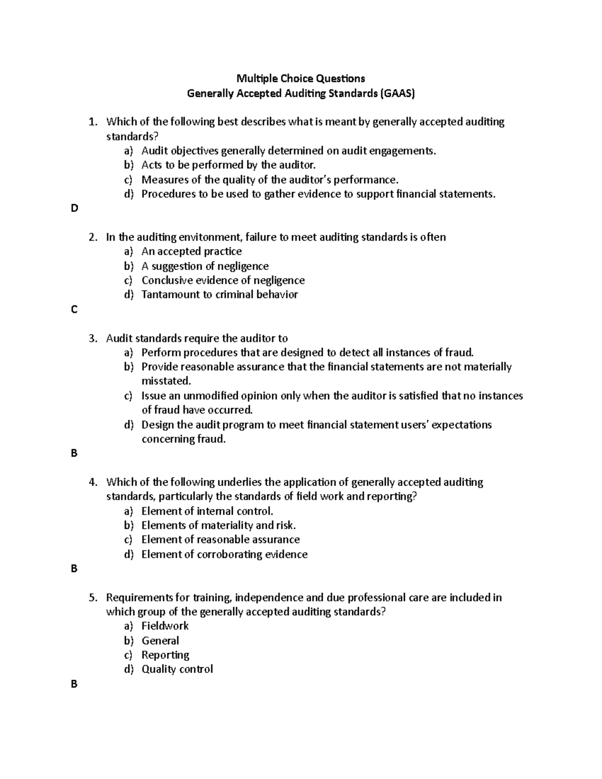 Generally Accepted Auditing Standards GAAS - Multiple Choice Questions ...
