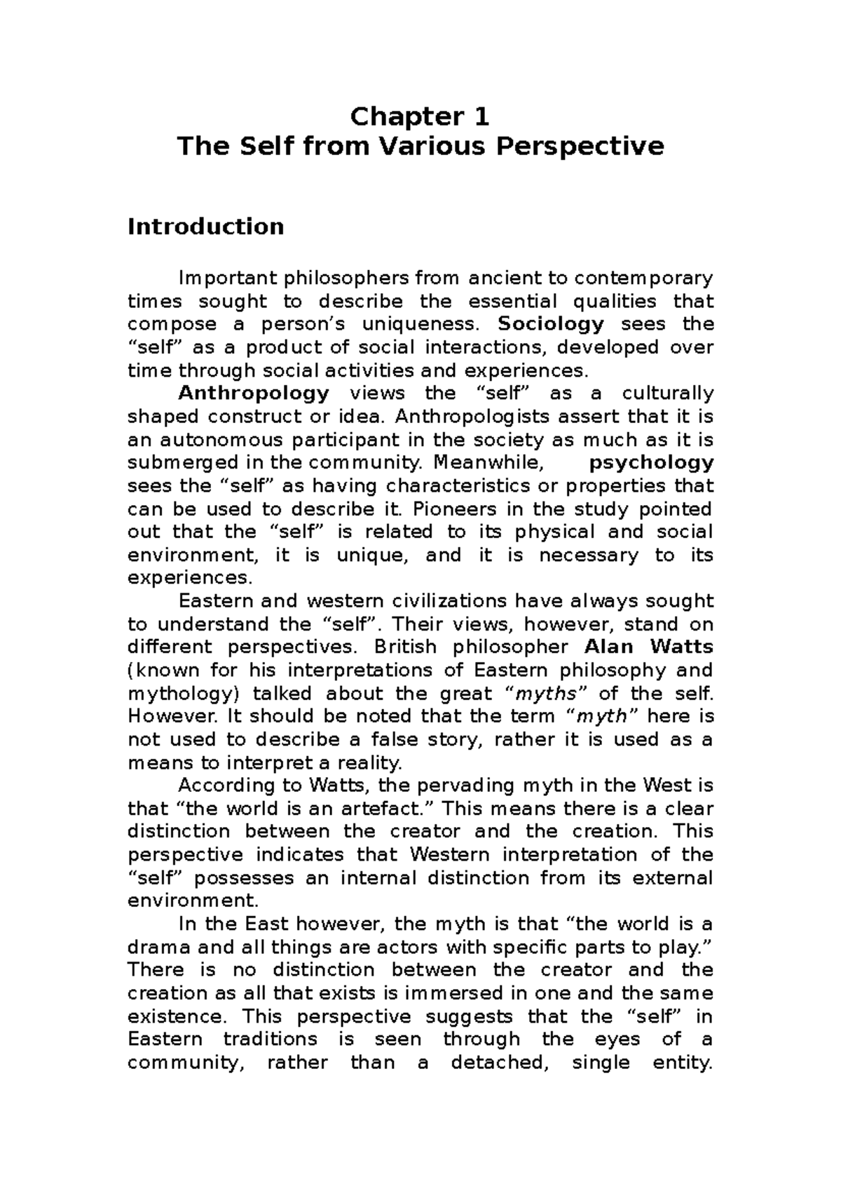 SOC SCI Chapter 1 Notes - Chapter 1 The Self from Various Perspective ...