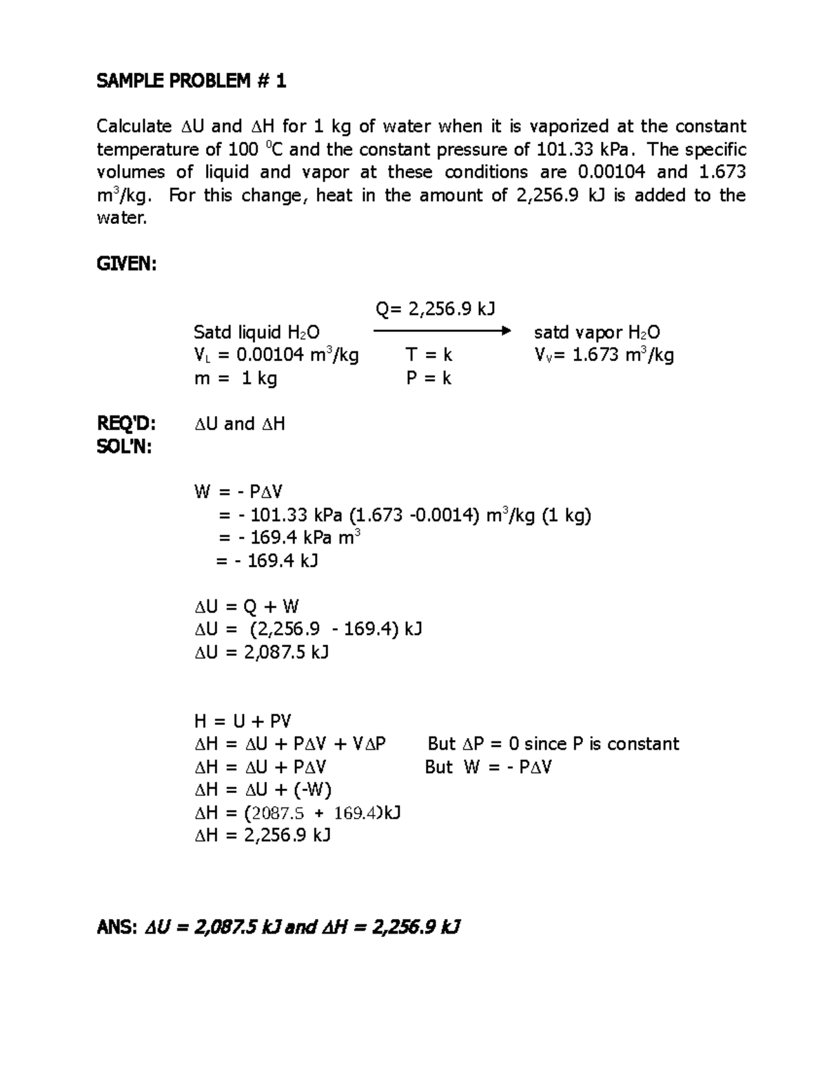 Thermodynamics Problems - SAMPLE PROBLEM # 1 Calculate U and H for 1 kg ...