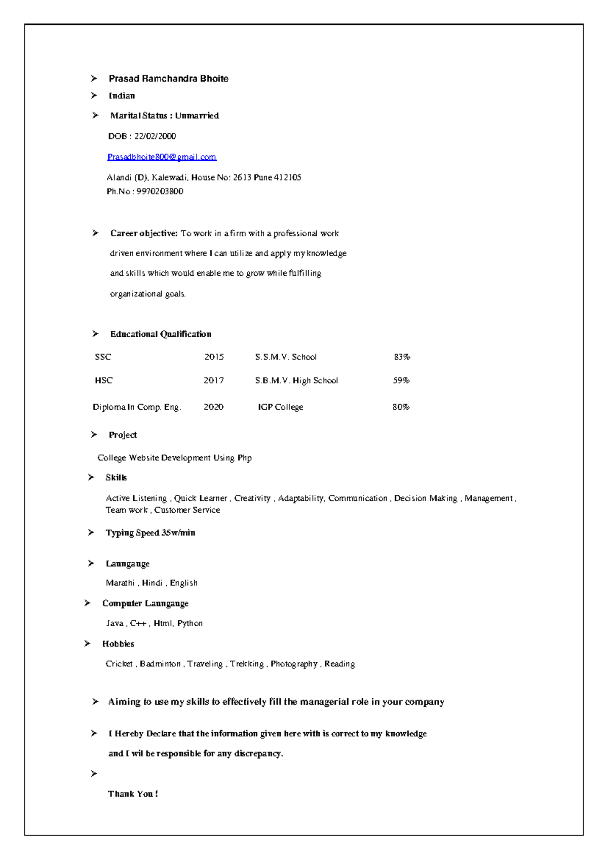 Resume-converted - Student of computer engineering Pune university TE ...