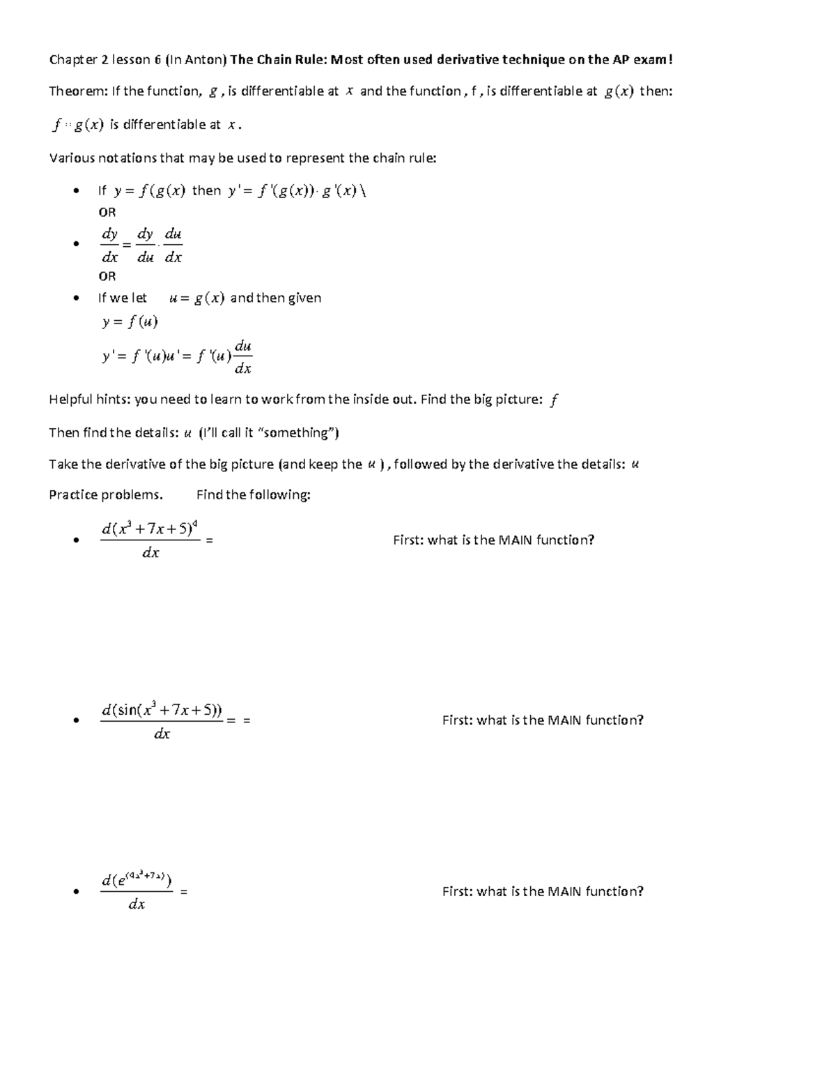 Chapter 2 Lesson 6 The chain rule - Chapter 2 lesson 6 (In Anton) The ...