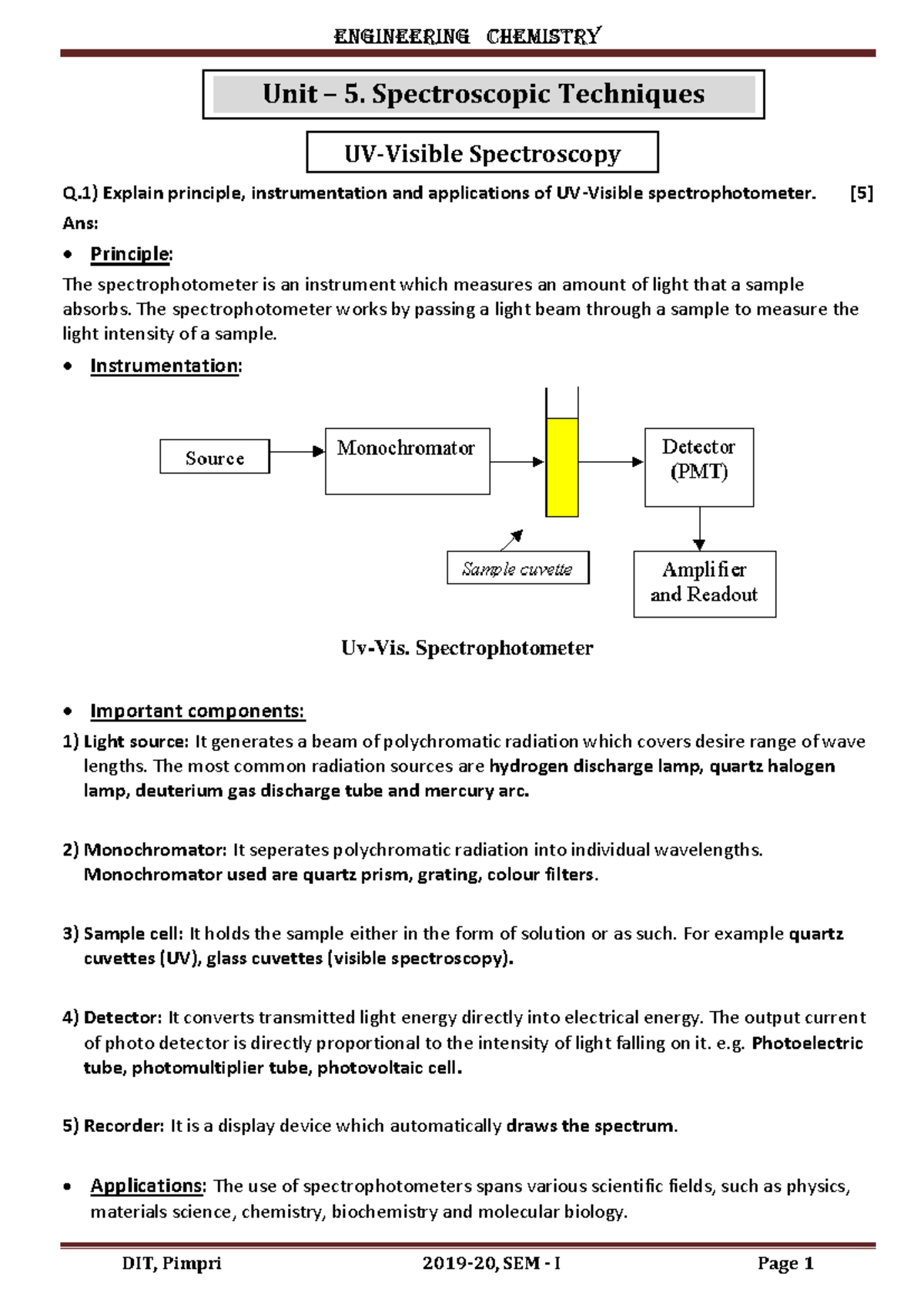 Q-Ans Unit 5 - Q) Explain principle, instrumentation and applications of UV-Visible - Studocu
