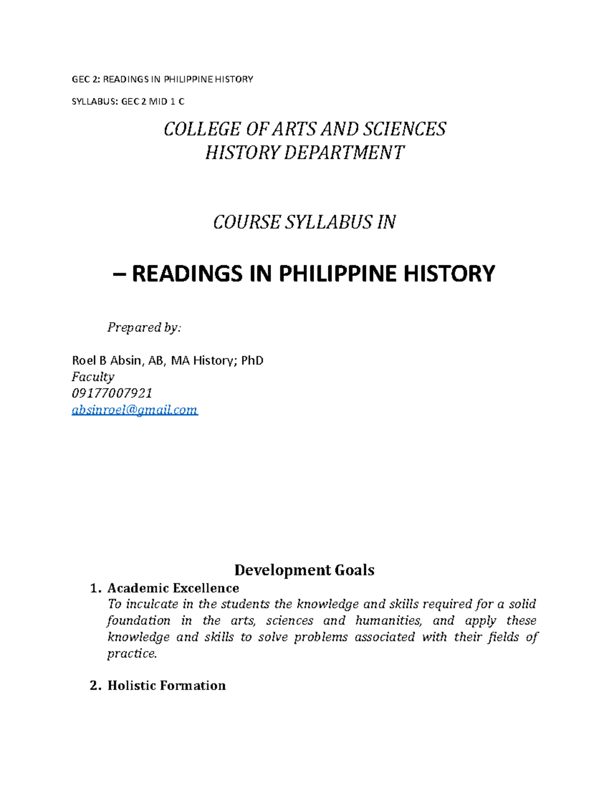 GEC 2 MID C - History - GEC 2: READINGS IN PHILIPPINE HISTORY SYLLABUS: GEC 2 MID 1 C COLLEGE OF ...