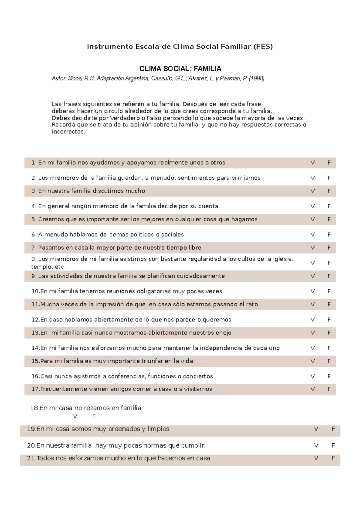 Escala de clima familiar - Instrumento Escala de Clima Social Familiar (FES) CLIMA SOCIAL ...