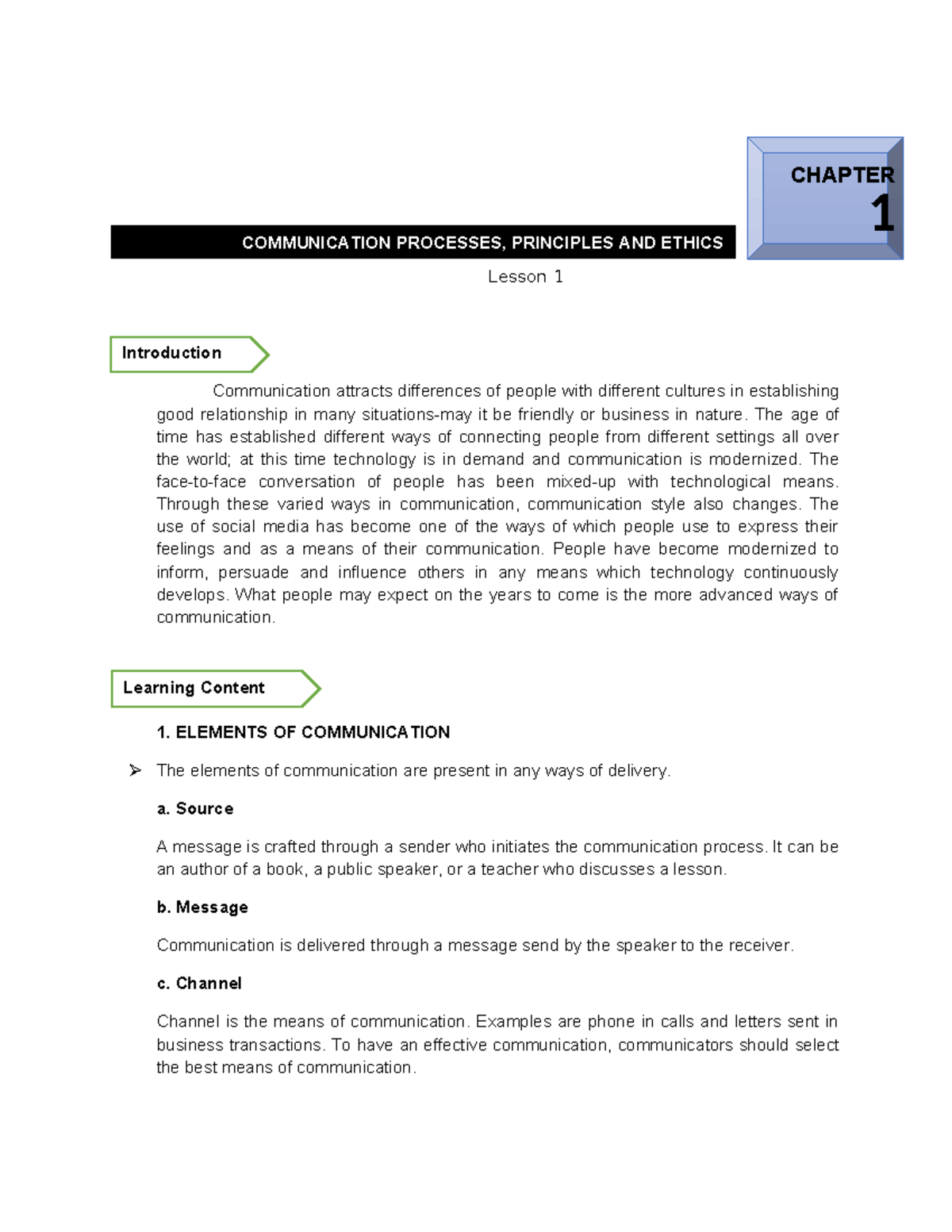 Lesson 1 Purposive Communication - COMMUNICATION PROCESSES, PRINCIPLES AND ETHICS Lesson 1 - Studocu