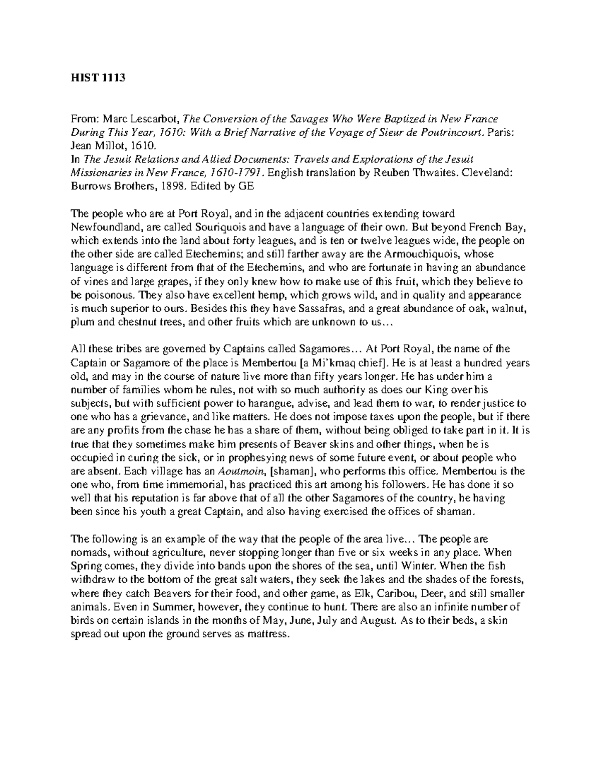 HIST 1113 Marc Lescarbot - HIST 1113 From: Marc Lescarbot, The ...