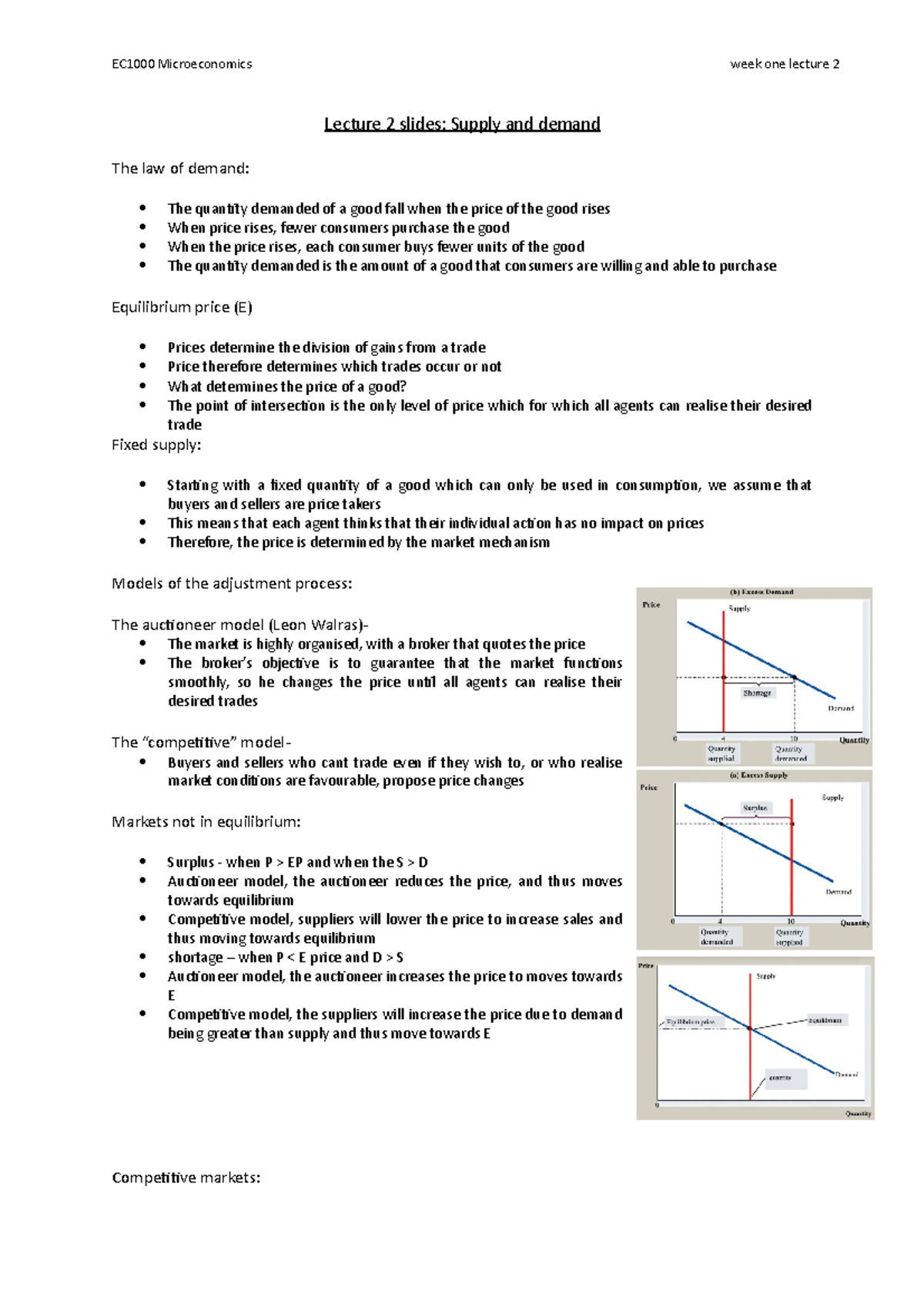 Lecture 2 notes - supply and demand - EC1000 Microeconomics week one ...