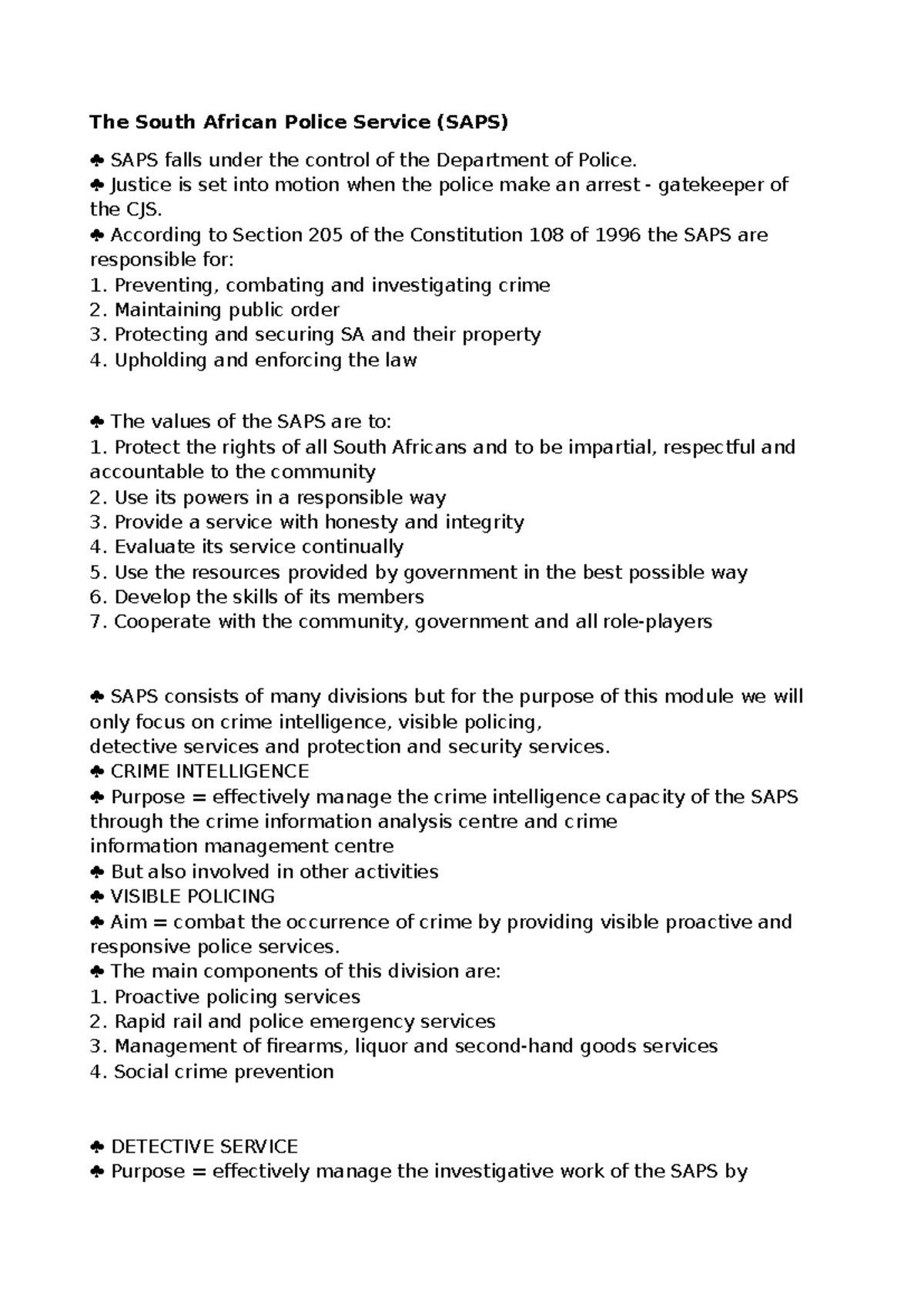 Lecture 2 - The South African Police Service (SAPS) SAPS falls under ...