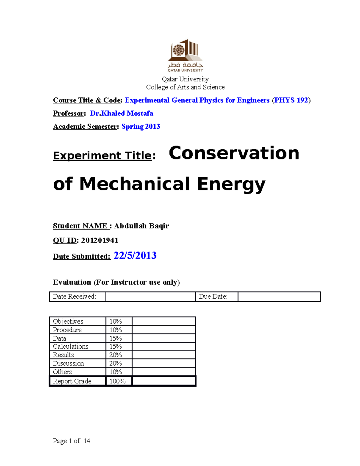 Conservation of mechanical Energy - Qatar University College of Arts ...