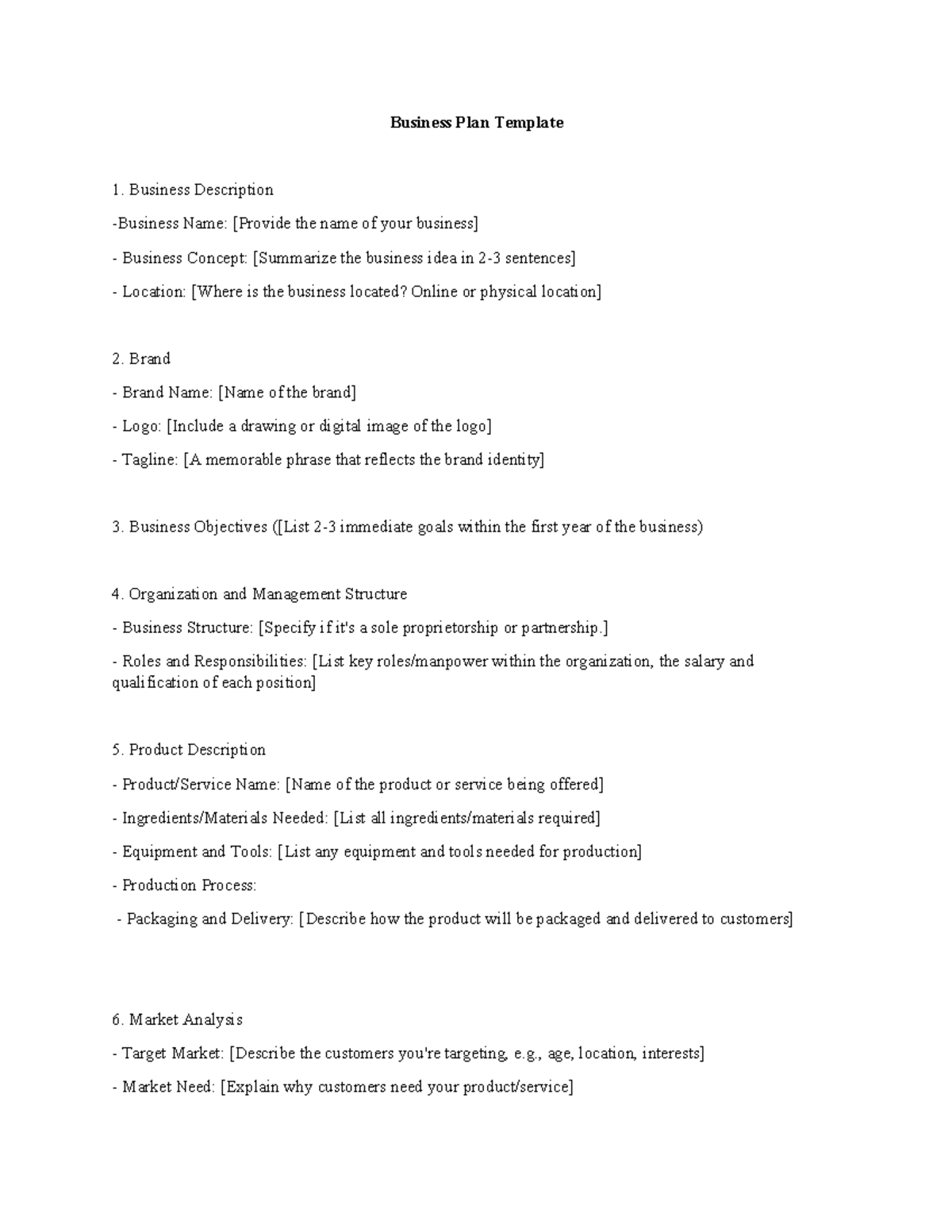Entrepreneurship - Business Plan Template 1. Business Description ...