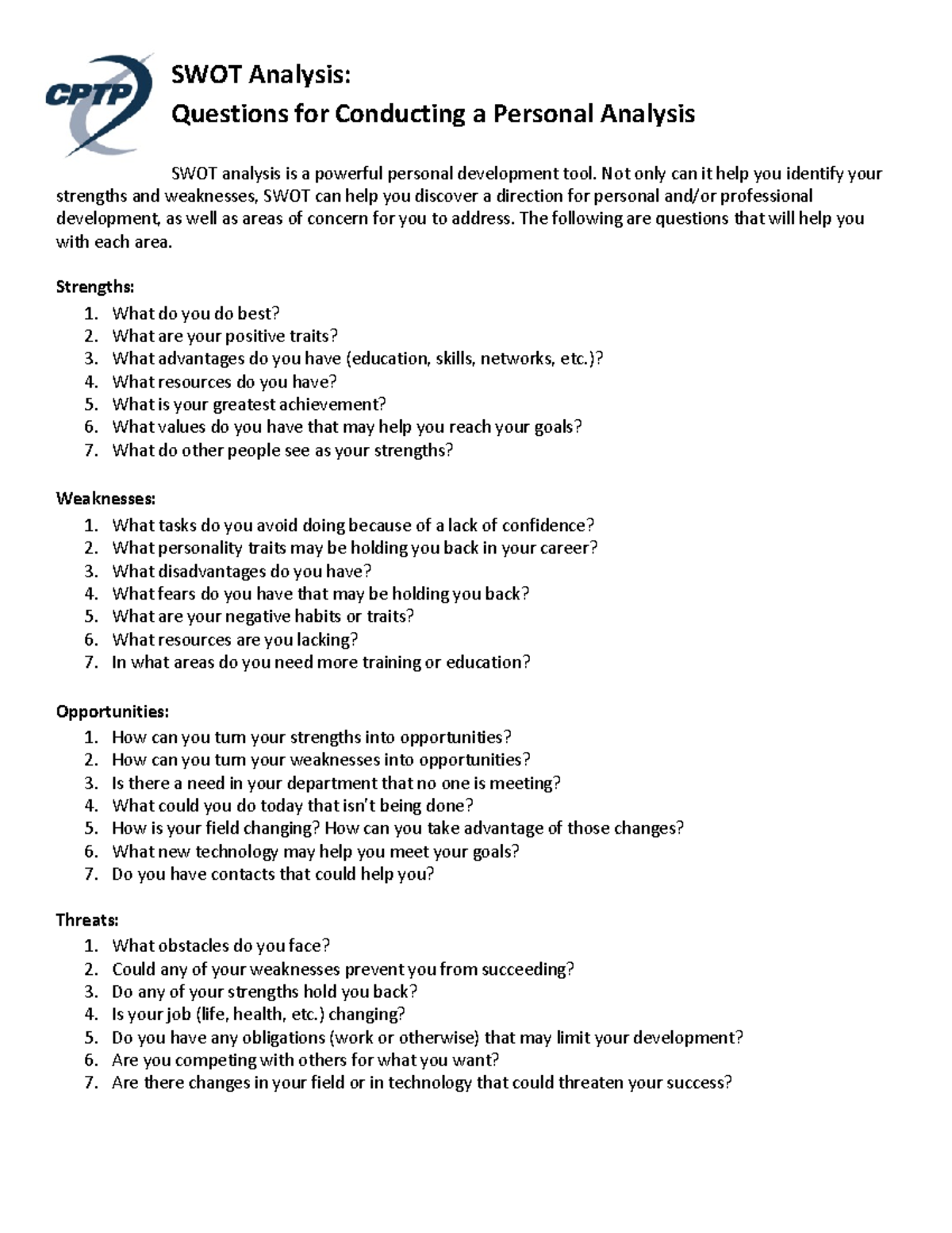 Questions for Personal SWOT - SWOT Analysis: Questions for Conducting a ...