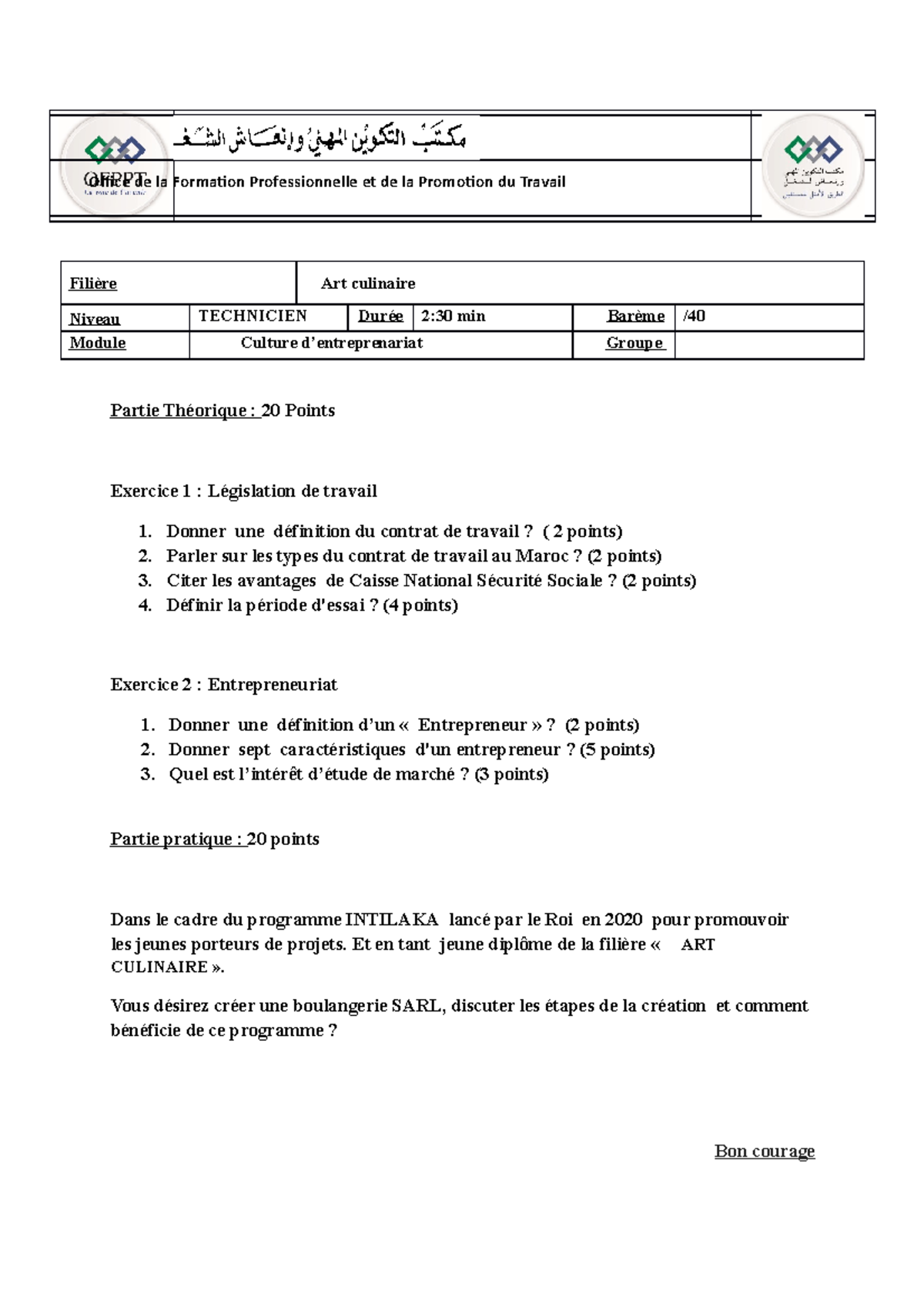 Examen de fin de module - Office de la Formation Professionnelle et de la Promotion du Travail ...