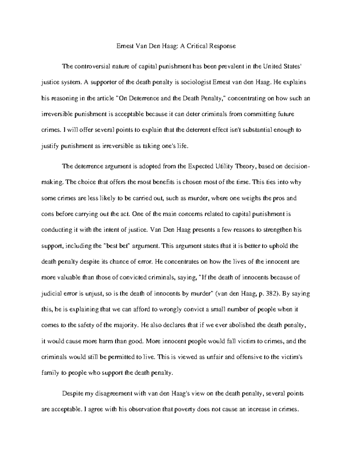 Ernest Van Den Haag: A Critical Response - A supporter of the death ...