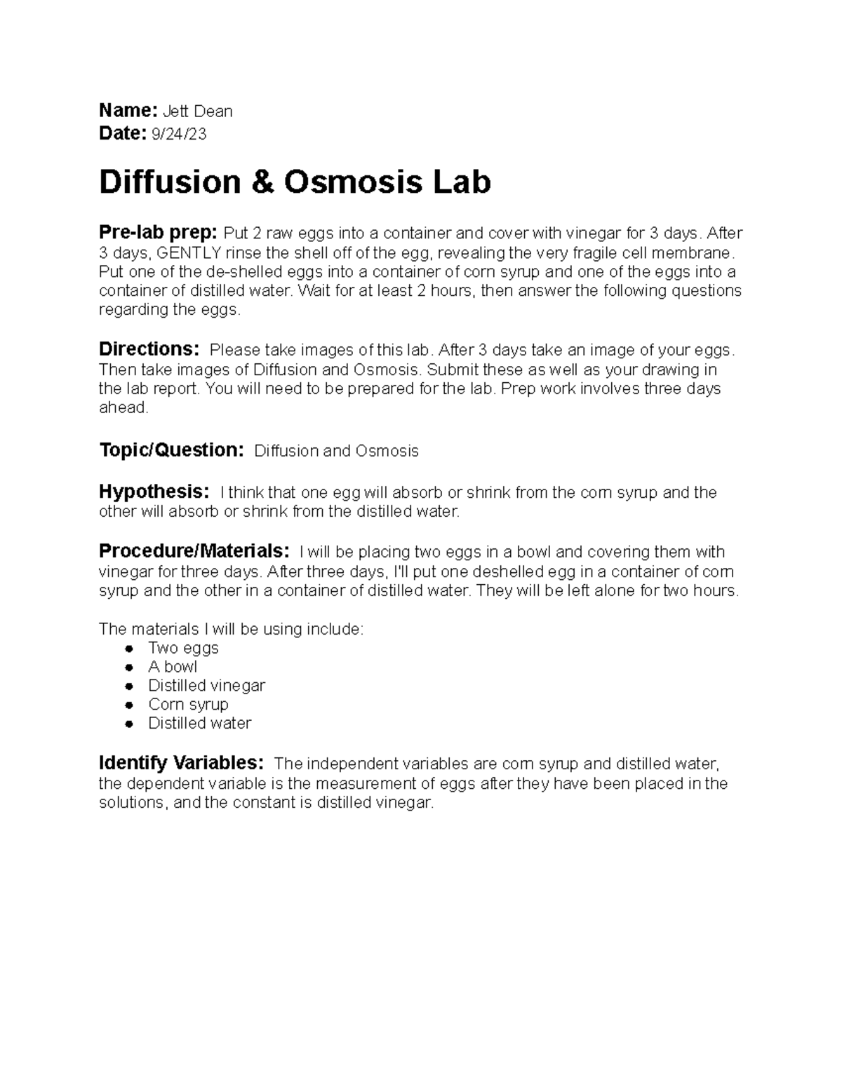 Copy of Diffusion and Osmosis Lab - Name: Jett Dean Date: 9/24/ Diffusion & Osmosis Lab Pre-lab ...