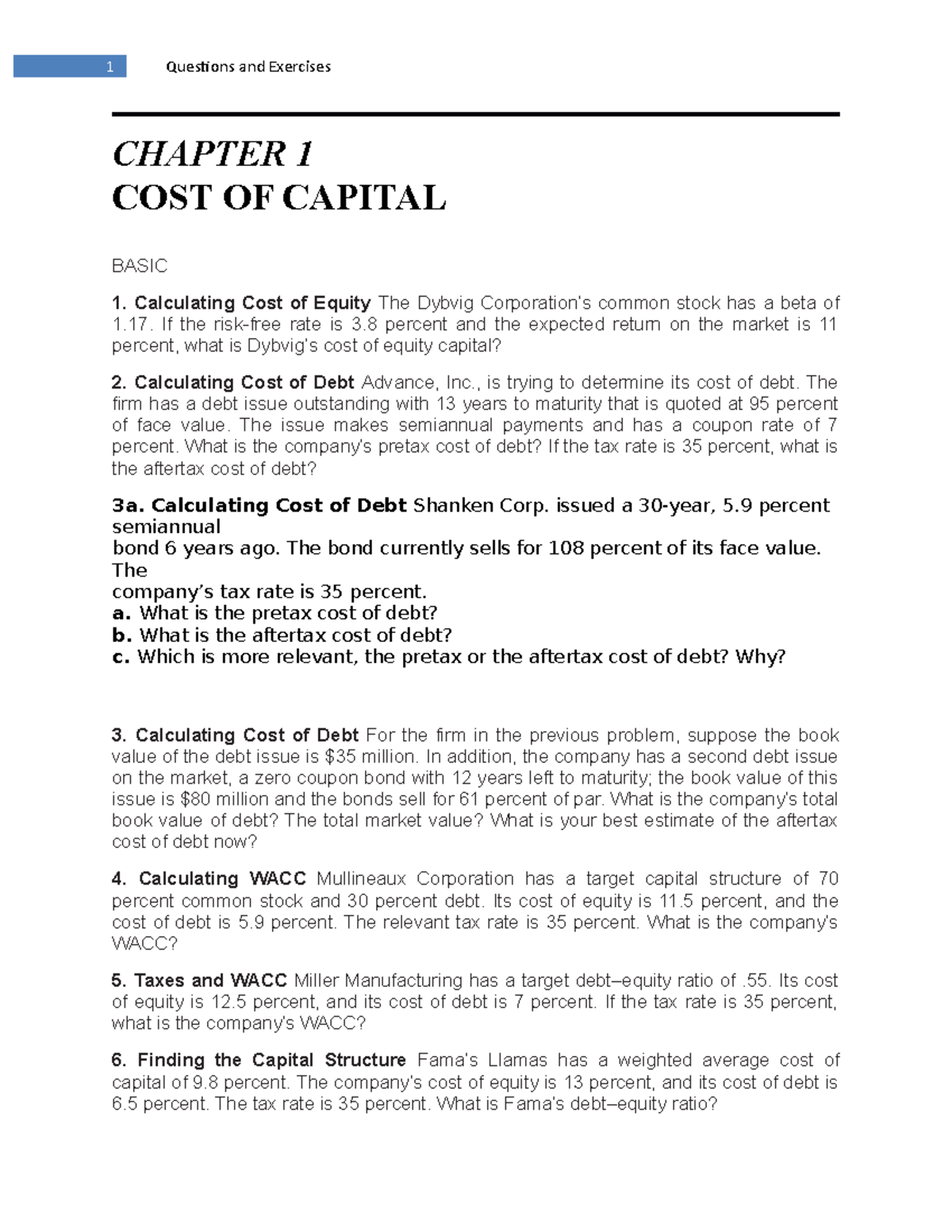 Chapter 1 Exercises - LEARN - 1 Questions and Exercises CHAPTER 1 COST ...