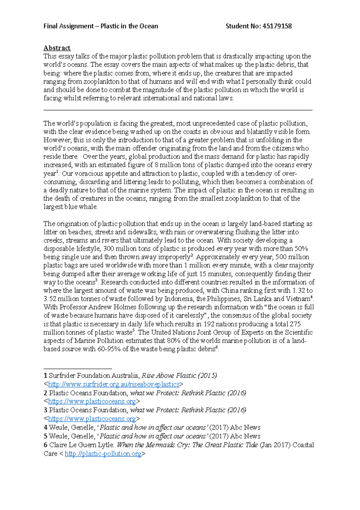 Busl100 plastic ocean final essay - Final Assignment – Plastic in the ...