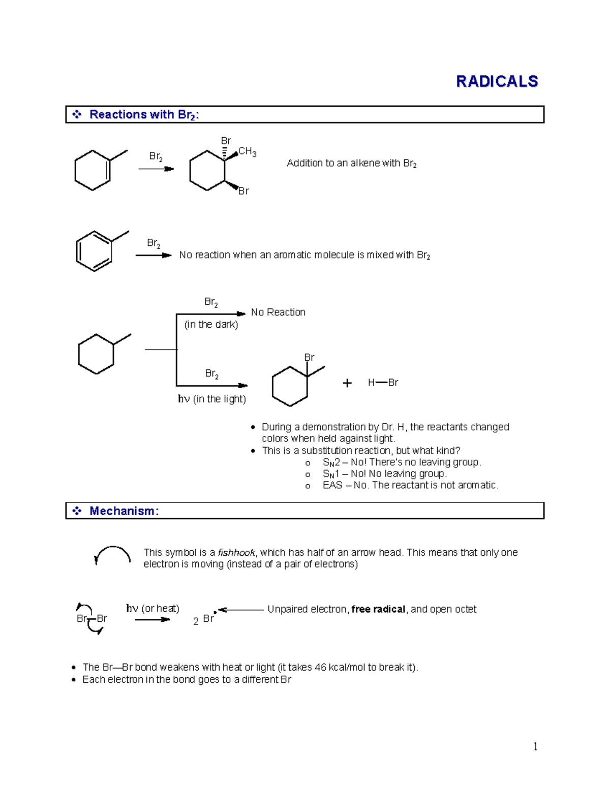 Notes 14D radicals 02 - RADICALS Reactions with Br2: Br Br2 CH3 ...