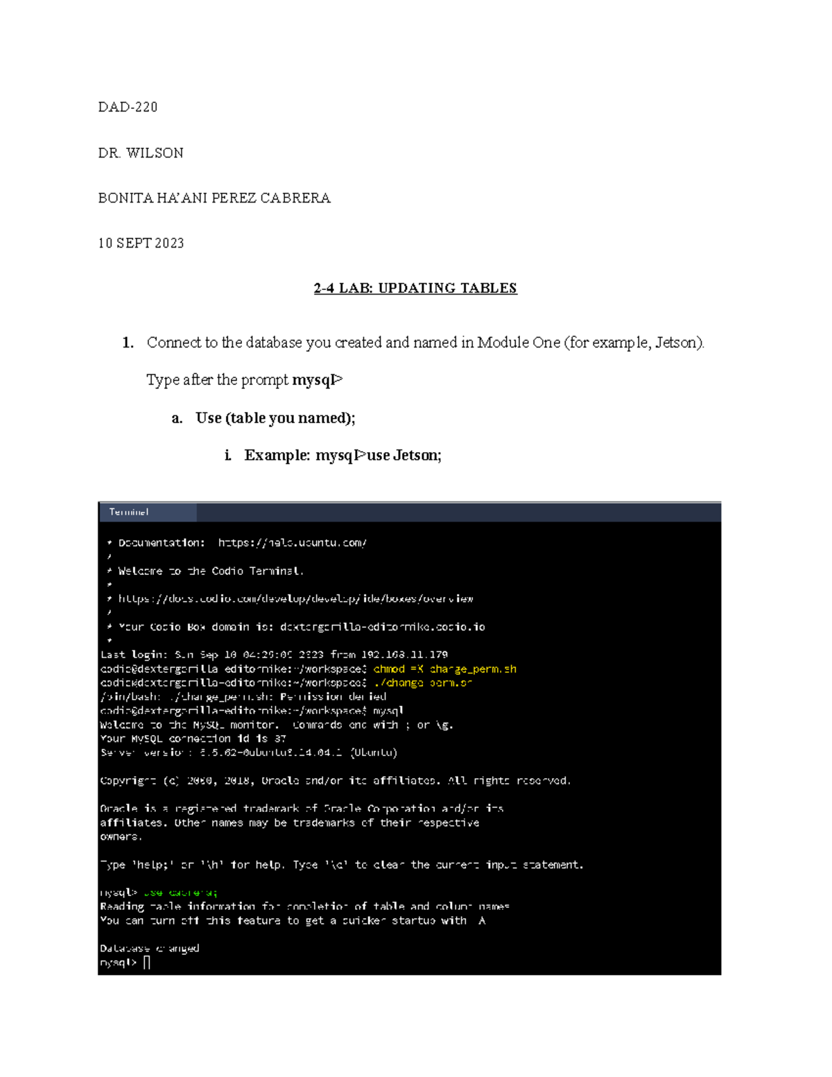 2 4 Lab Updating Tables Dad Dr Wilson Bonita Ha Ani Perez Cabrera