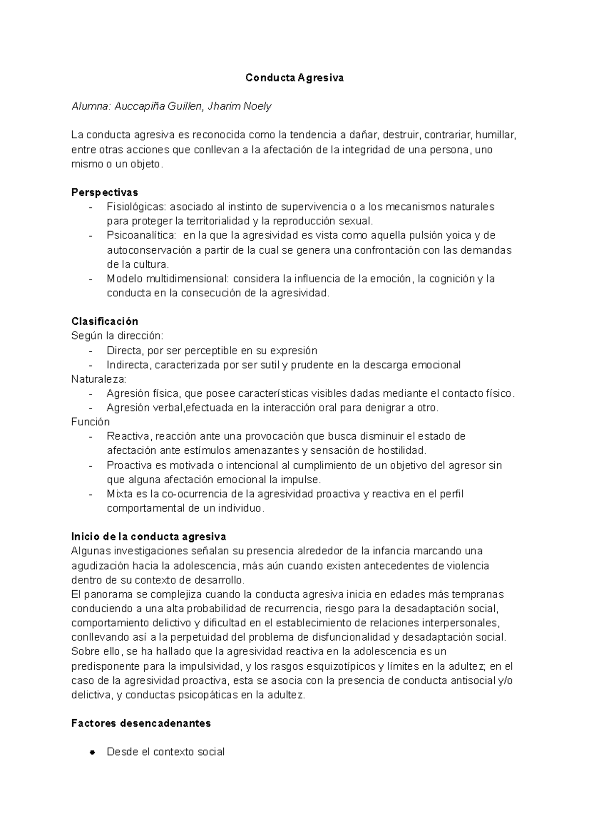Conducta Agresiva - Apuntes - Conducta Agresiva Alumna: Auccapiña ...
