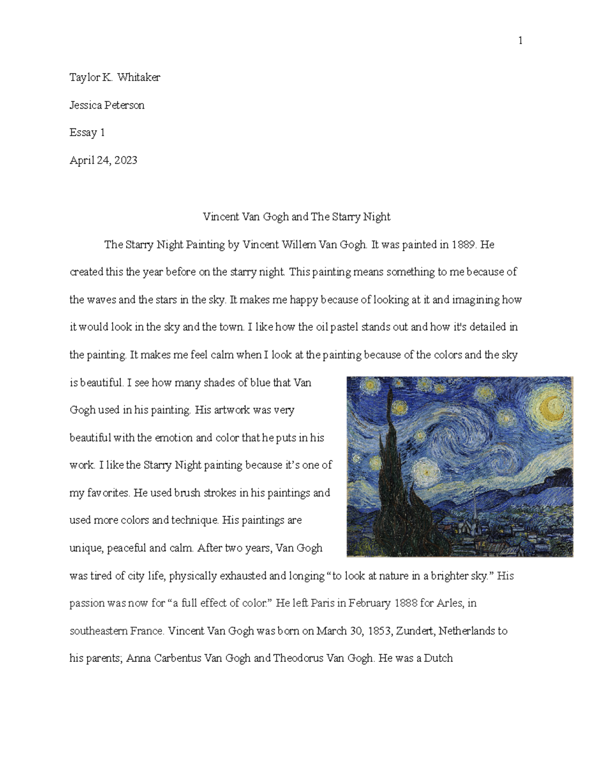 Copy of Vincent Van Gogh and The Starry Night-Essay 1 - Taylor K ...