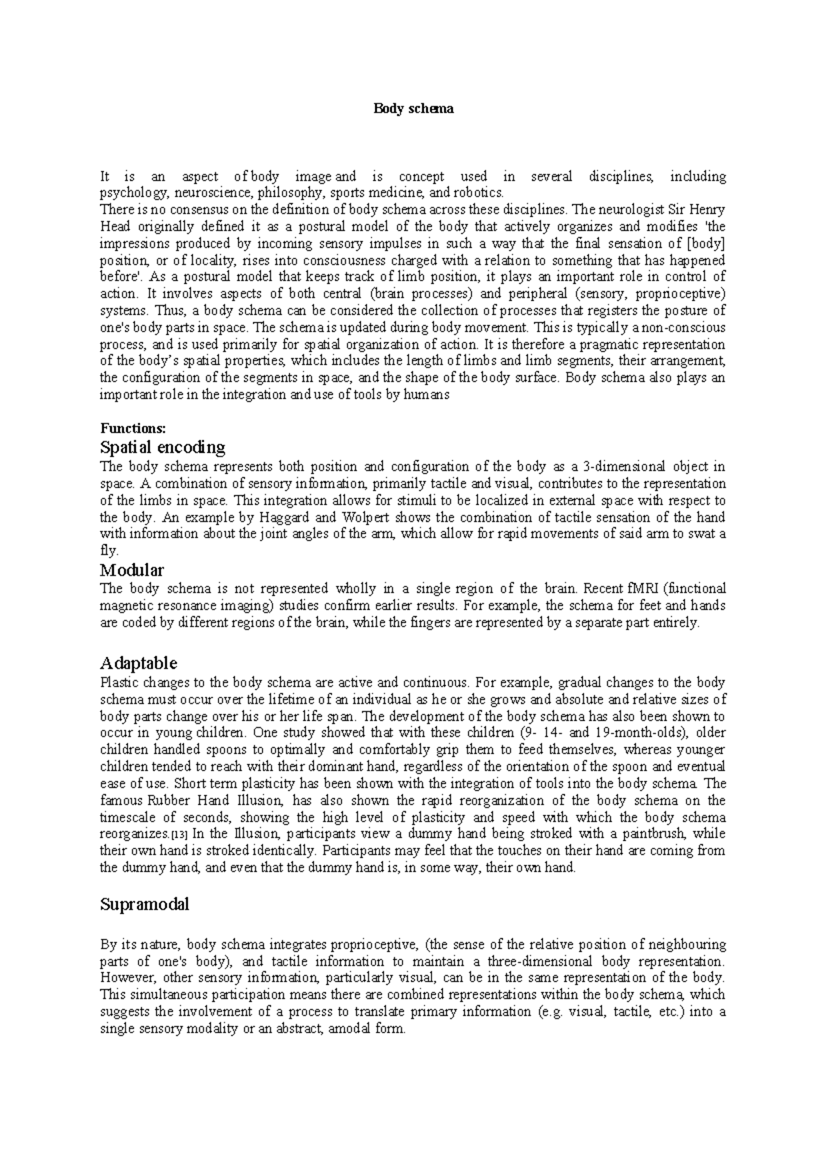 Body schema - NOTES - Body schema It is an aspect of body image and is ...