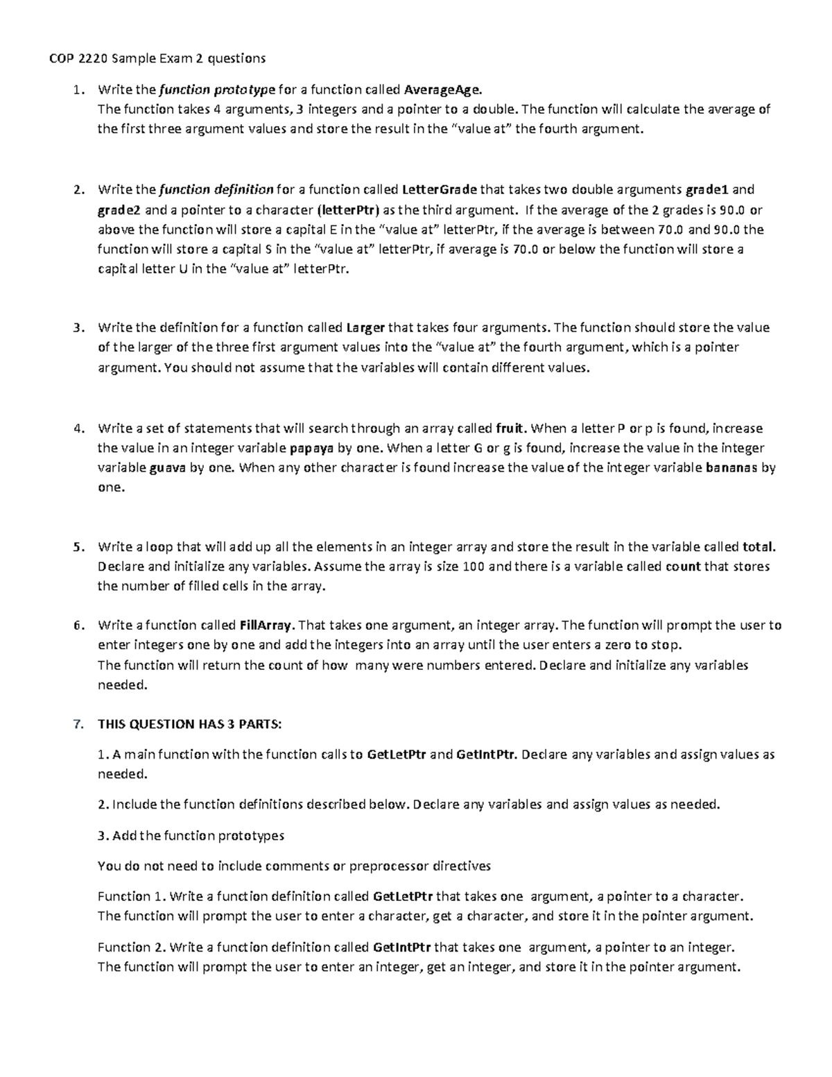 COP 2220 Sample Exam 2 Questions-1 - COP 2220 Sample Exam 2 questions Write the function ...