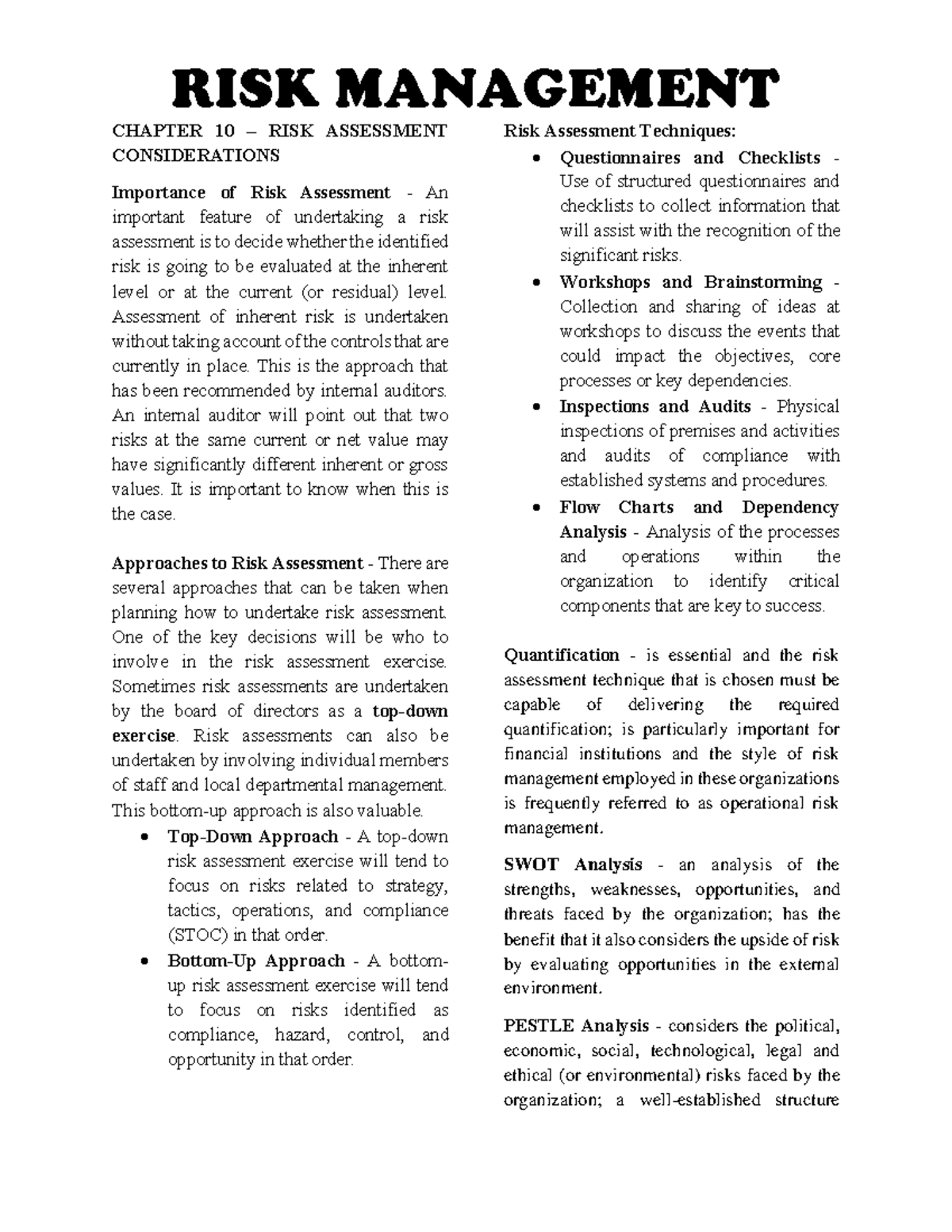 Risk-Management-Reviewer - CHAPTER 10 – RISK ASSESSMENT CONSIDERATIONS ...