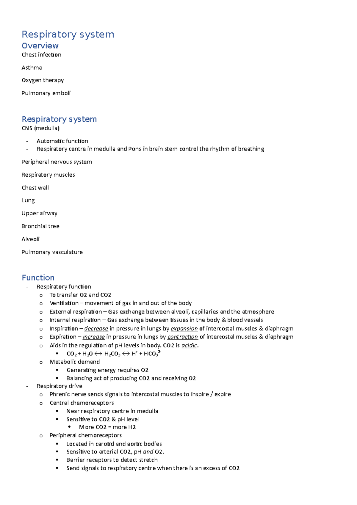 Patho Pharma Respiratory notes - Respiratory system Overview Chest ...