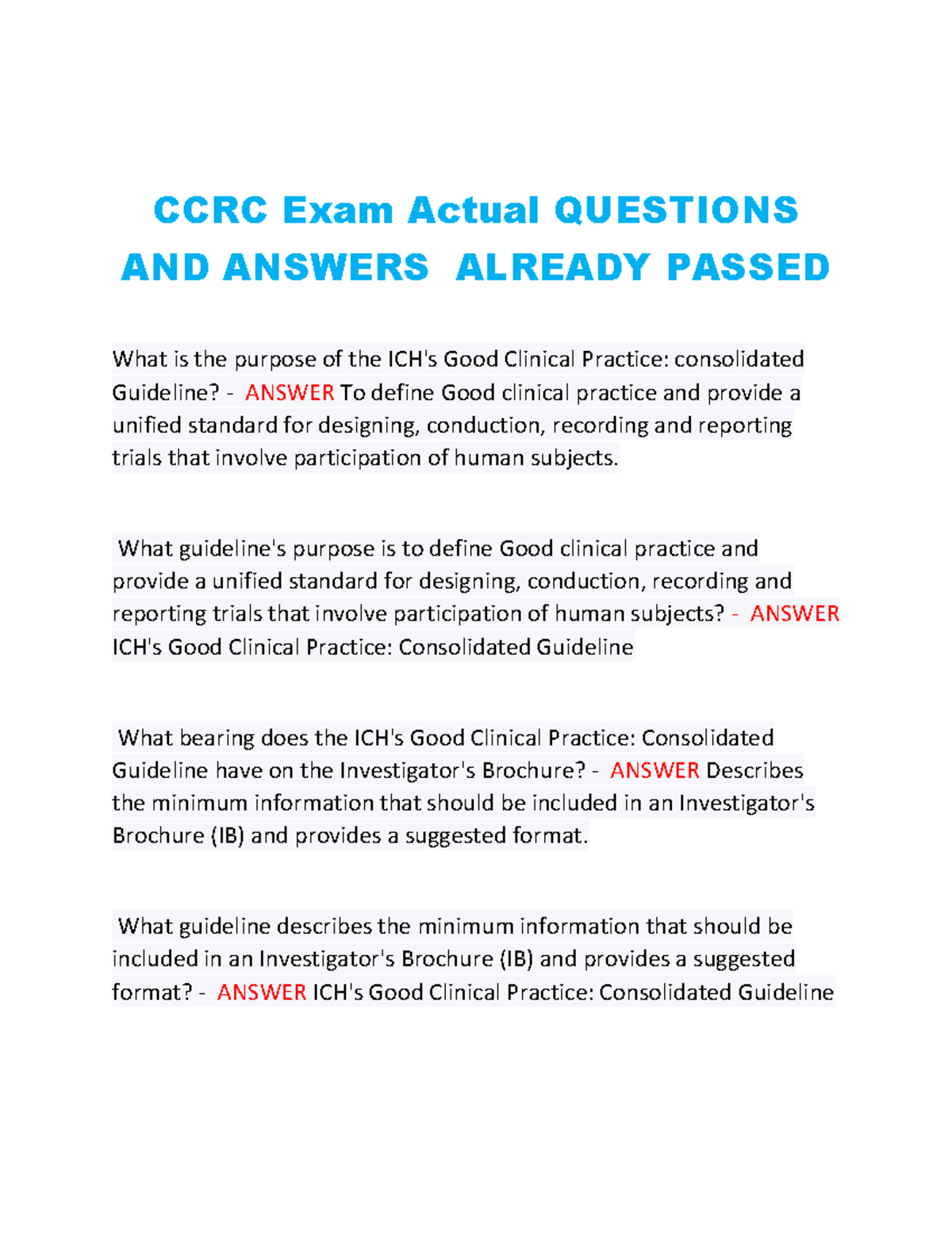 CCRC Exam Actual Questions AND Answers Already Passed - CCRC Exam ...