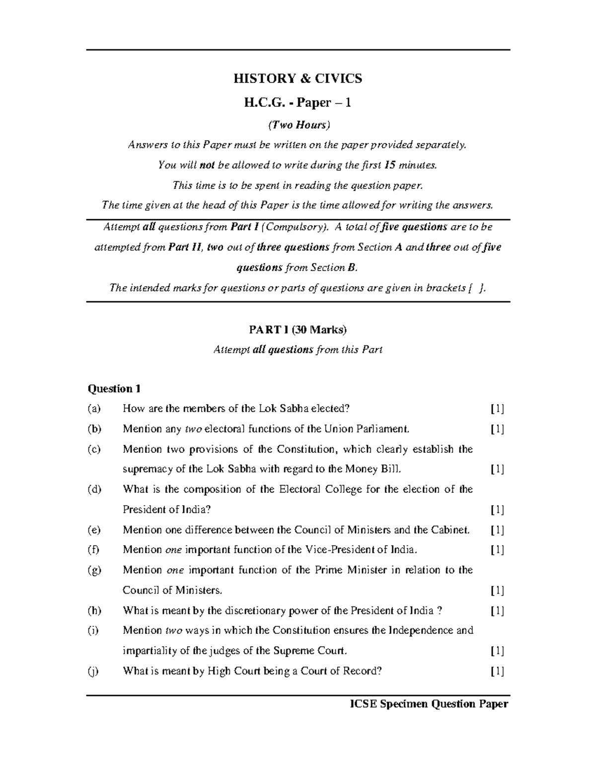 ICSE Class 10 History-Civics Paper 1 - HISTORY & CIVICS H.C. - Paper ...