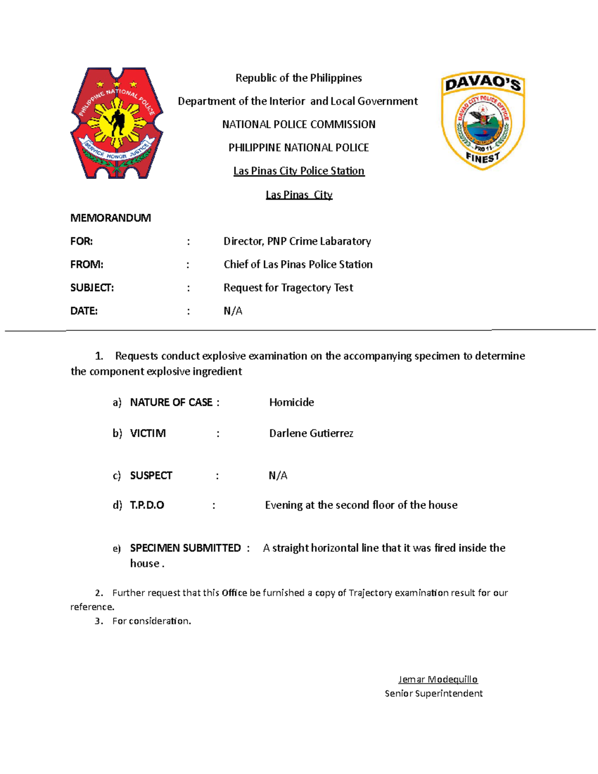 Moreno Request Form for Tragectory Test - Republic of the Philippines ...