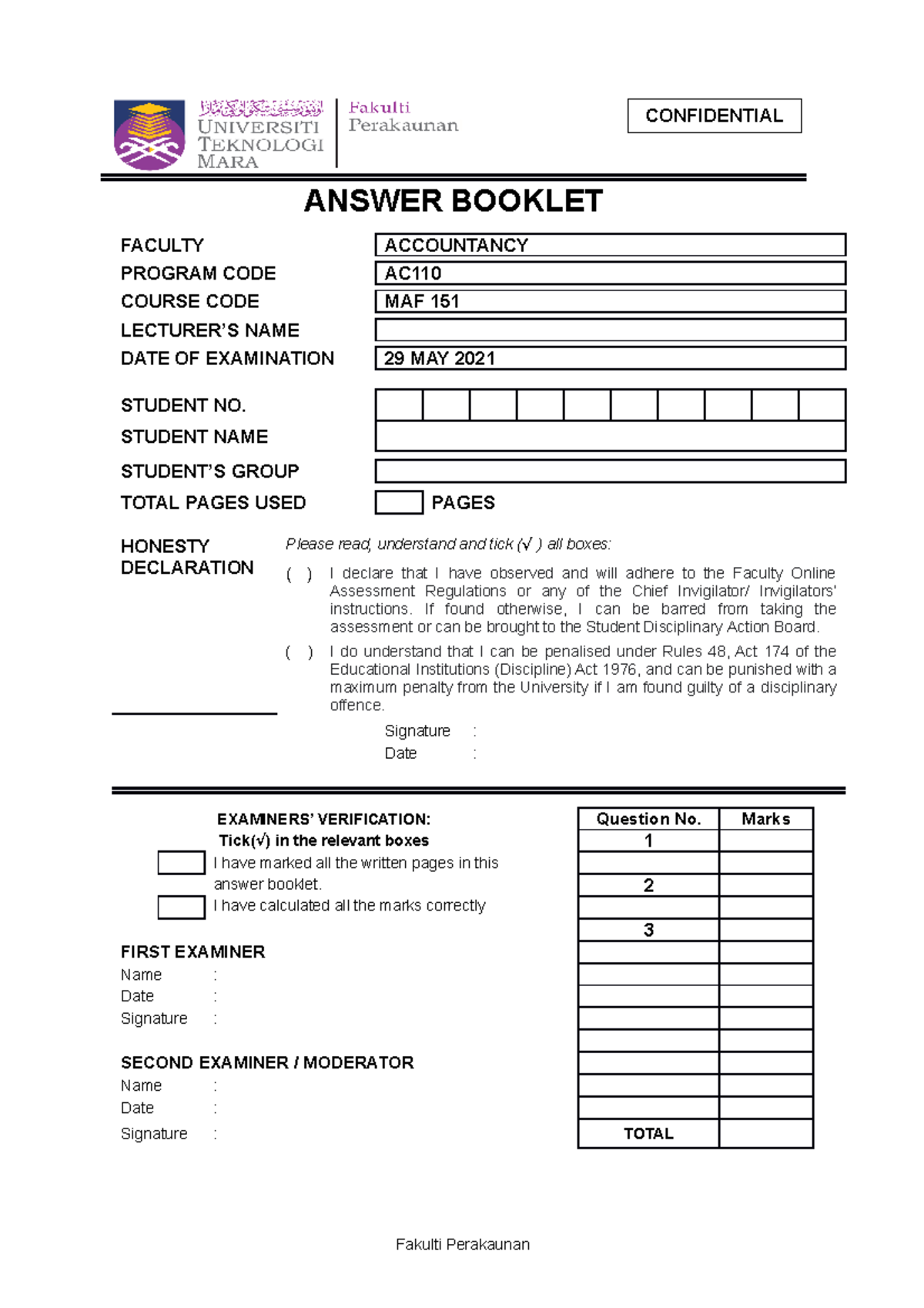 MAF151 TEST Front page answers - ANSWER BOOKLET FACULTY ACCOUNTANCY ...