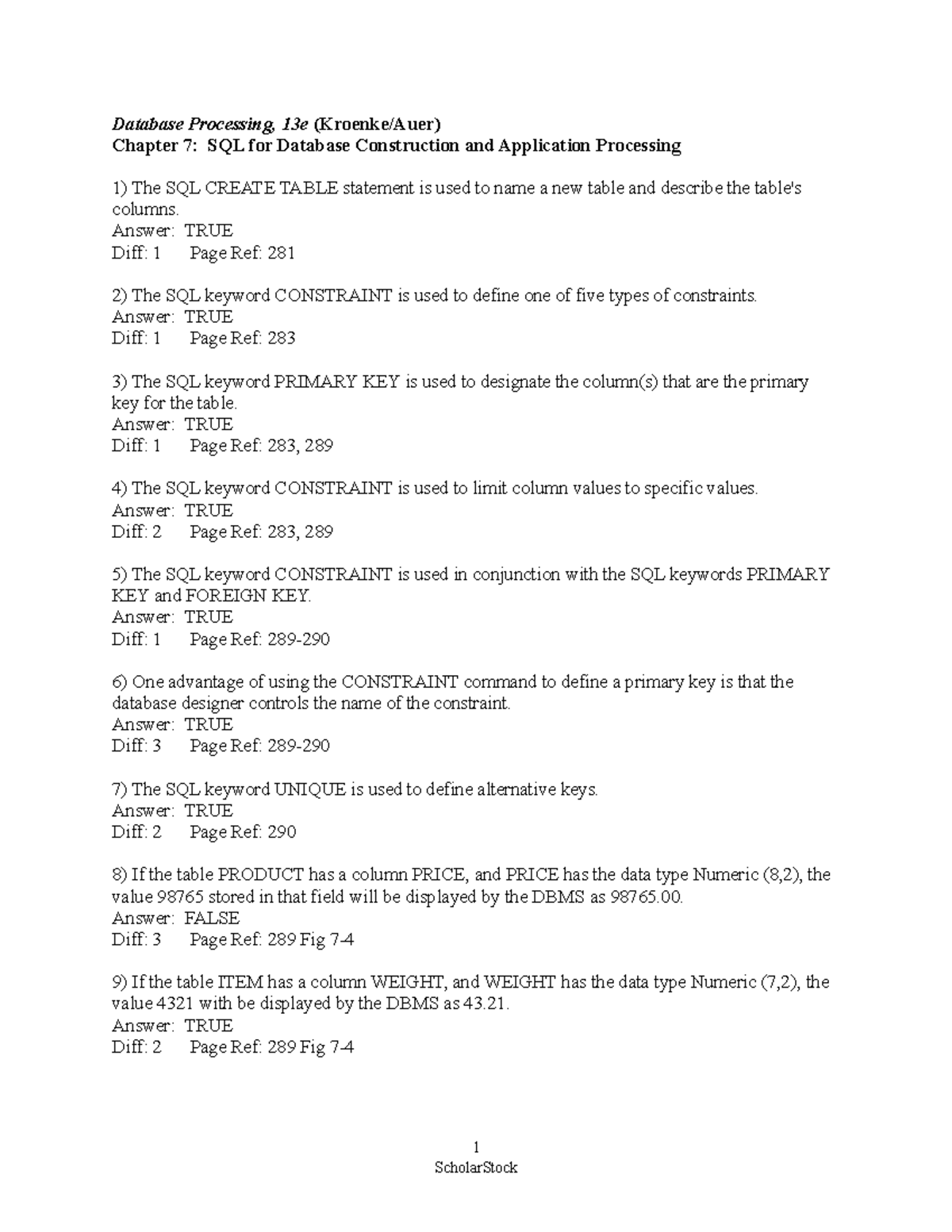 07 - Question bank - Database Processing, 13e Chapter 7: SQL for Database Construction and - Studocu