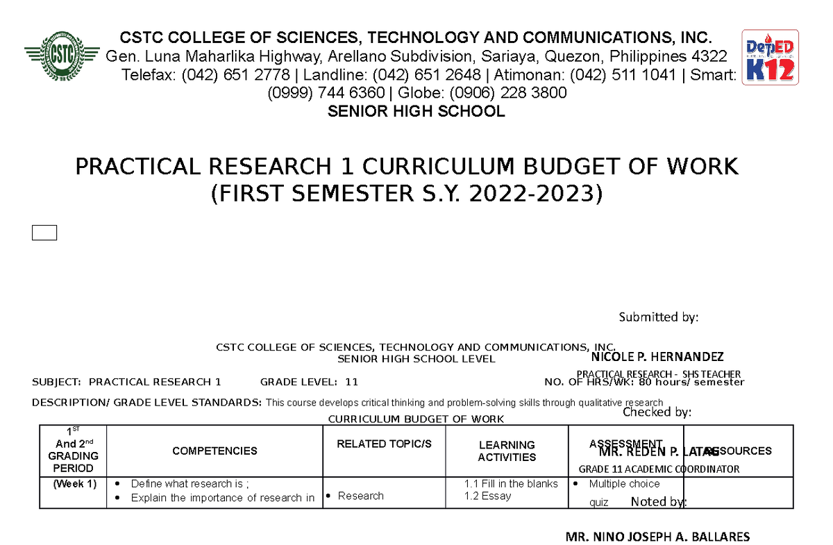 Practical Research 1 Curriculum Budget OF WORK - CSTC COLLEGE OF ...