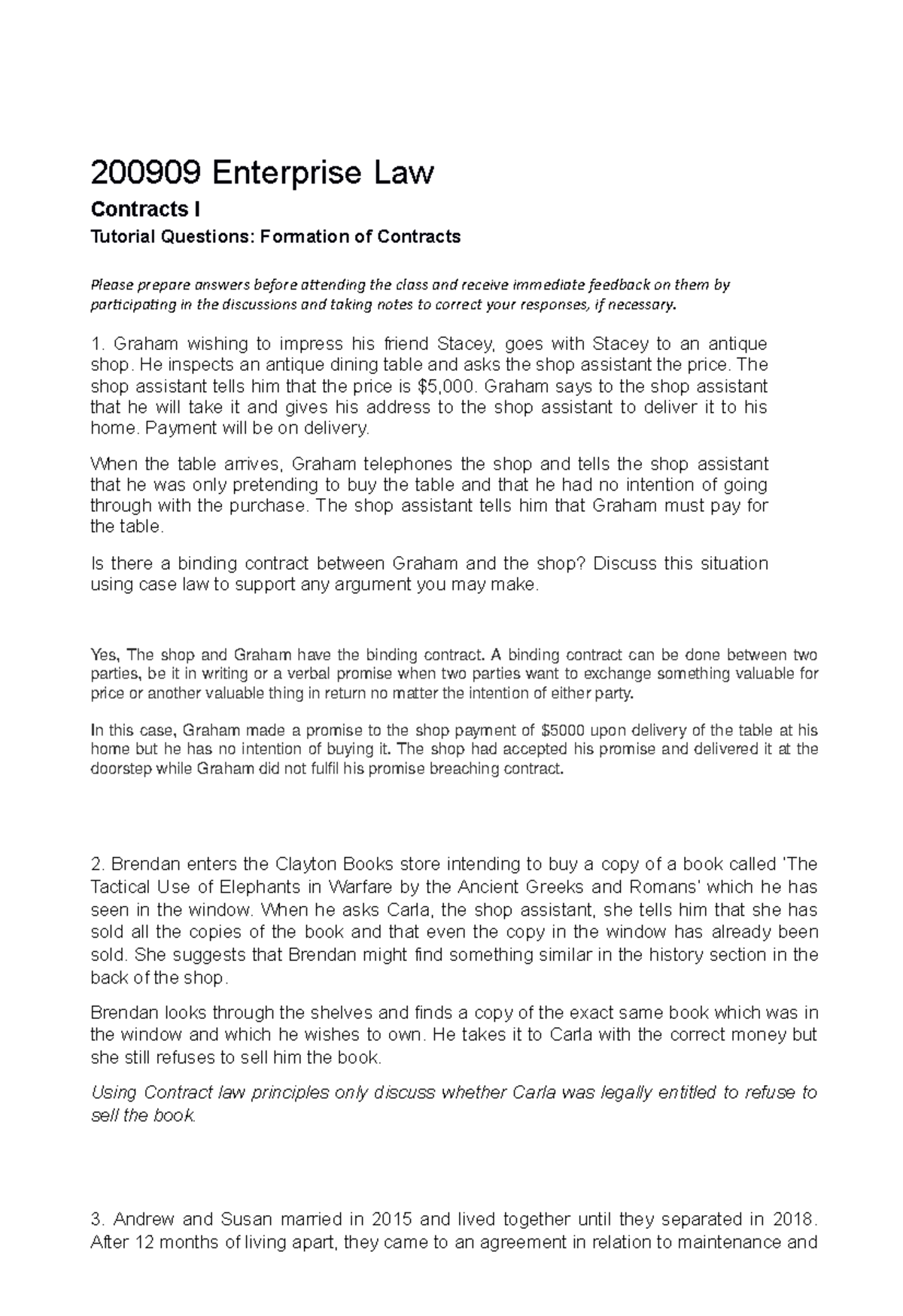 Tut 4 western Sydney uni - 200909 Enterprise Law Contracts I Tutorial ...