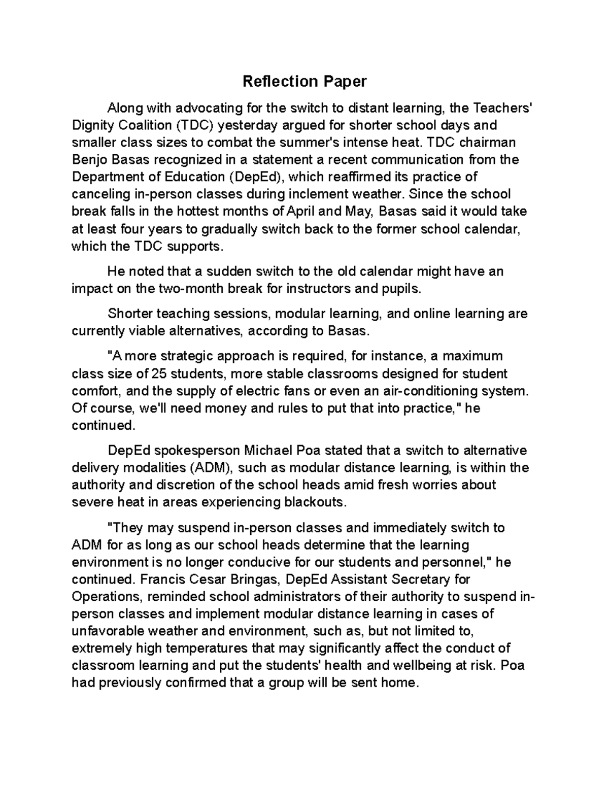 Reflection Paper - Reflection Paper Along with advocating for the ...