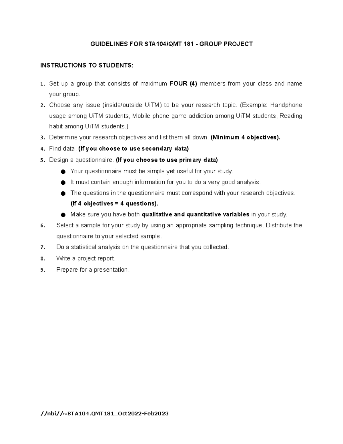 Guidelines FOR Group Project STA104 - GUIDELINES FOR STA104/QMT 181 ...