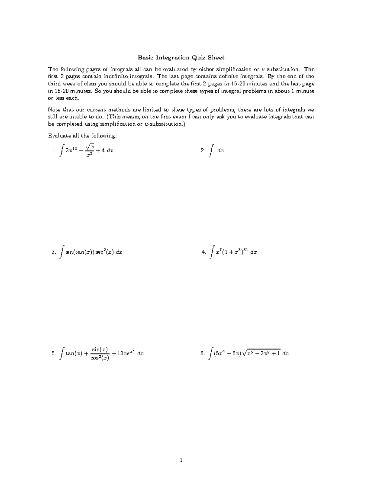 Basic Integral Page - Extra Practice - Basic Integration Quiz Sheet The ...